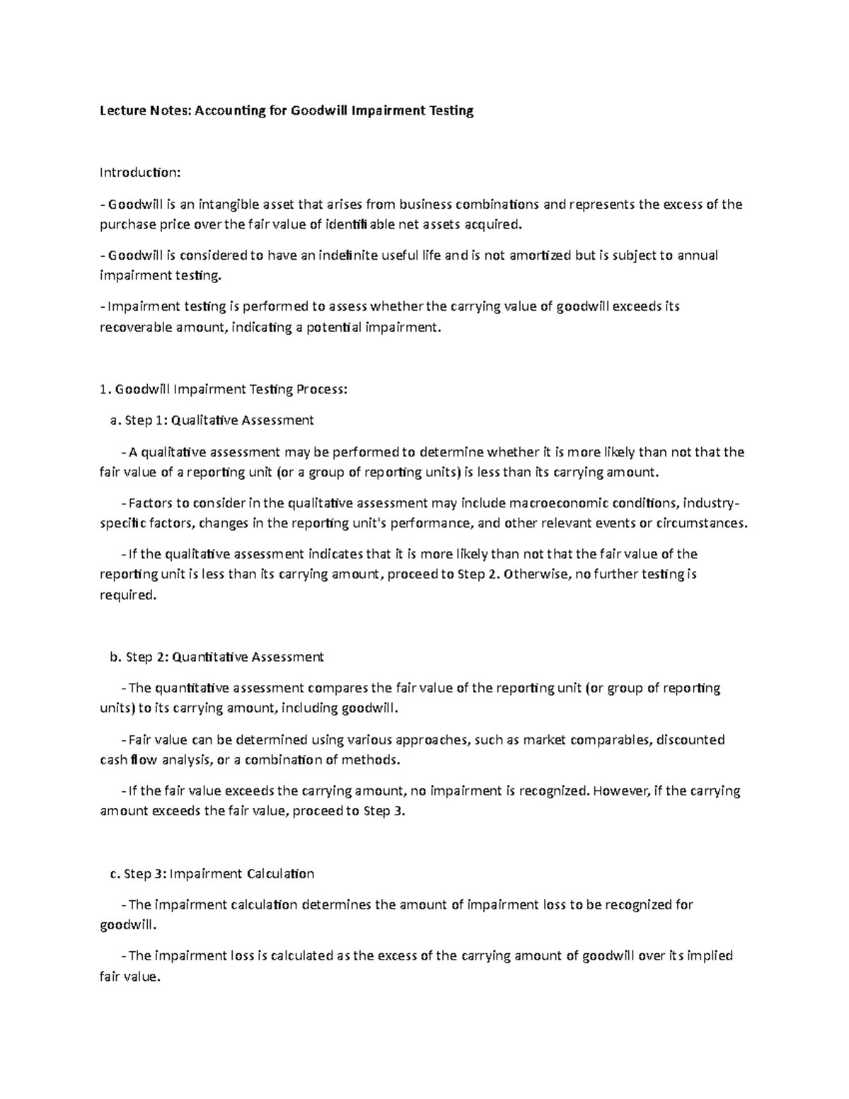 Lecture Notes: Accounting for Goodwill Impairment Testing - Lecture ...