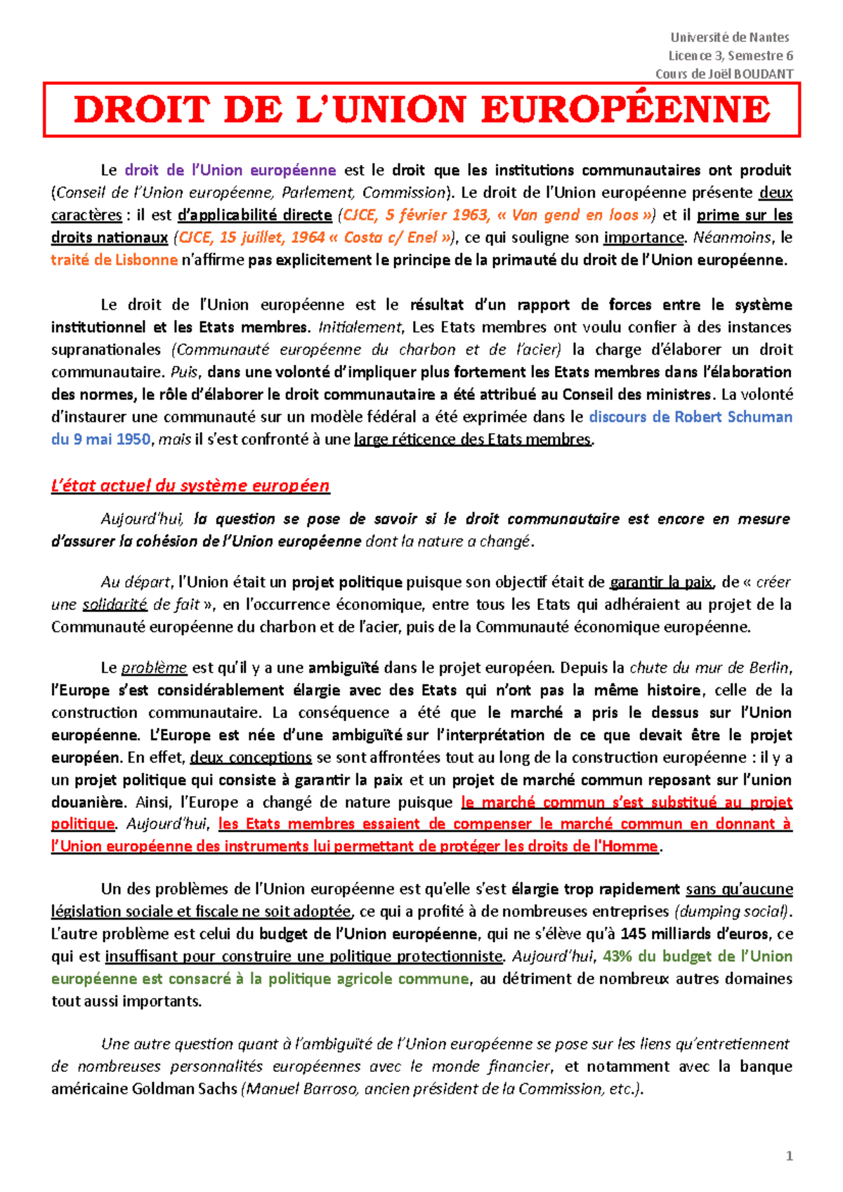 Droit de l'Union européenne - Université de Nantes Licence 3, Semestre ...