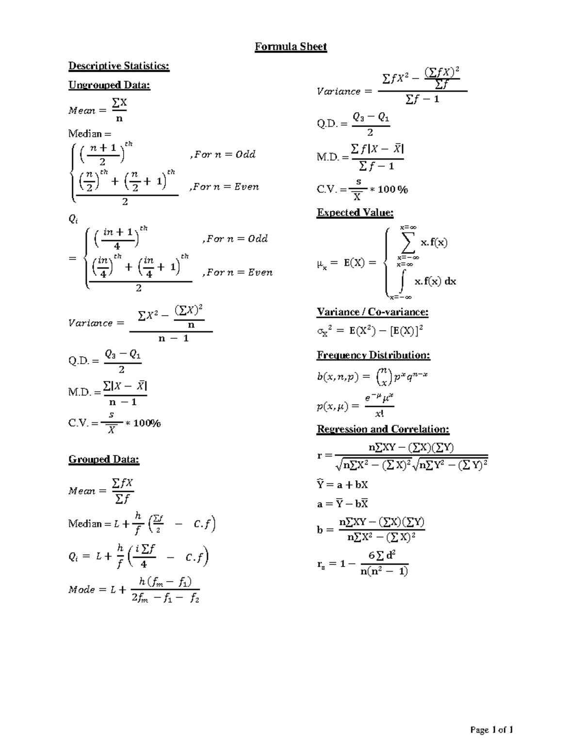 Formula Sheet - good - Page 1 of 1 Formula Sheet Descriptive Statistics ...