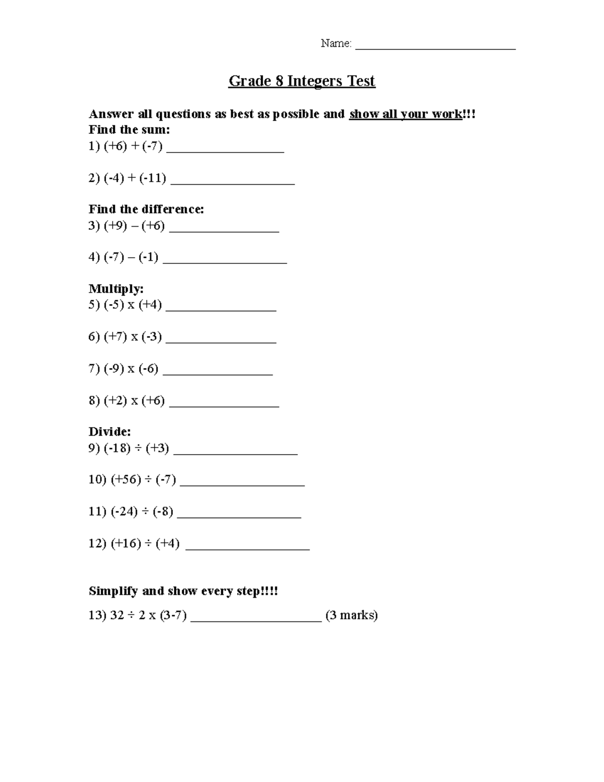 Grade 8Integer Test - Name: ___________________________ Grade 8 ...