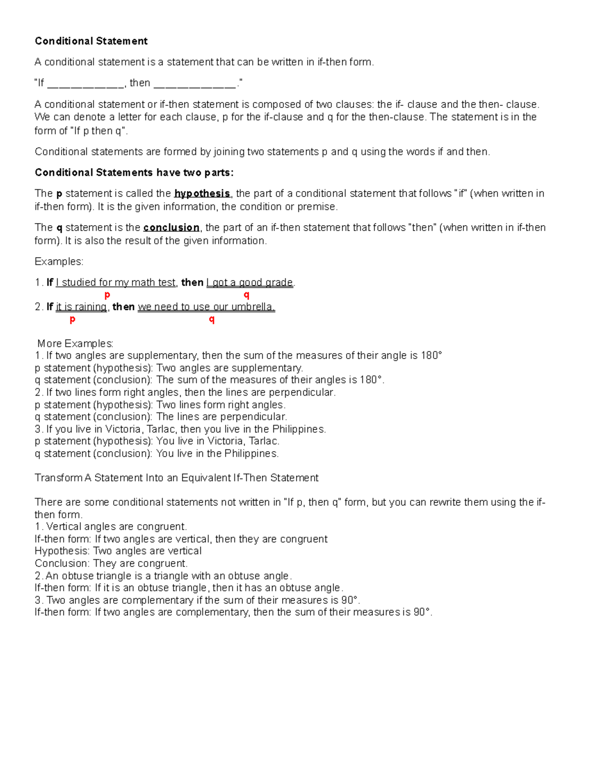 Conditional Statement - “If _____________, then ______________.” A ...