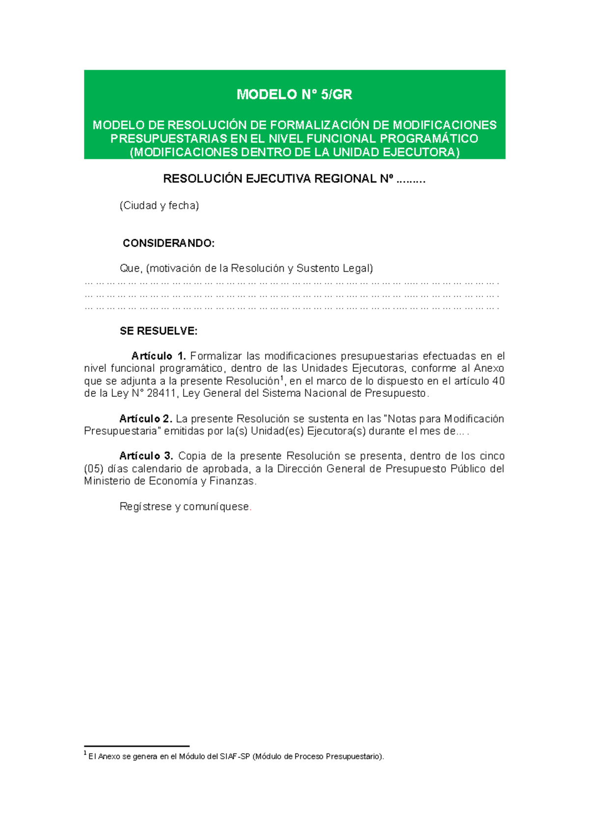 Modelo 5 GR Resolucion Formalizacion modificaciones presupuestarias nivel func progr - MODELO N ...