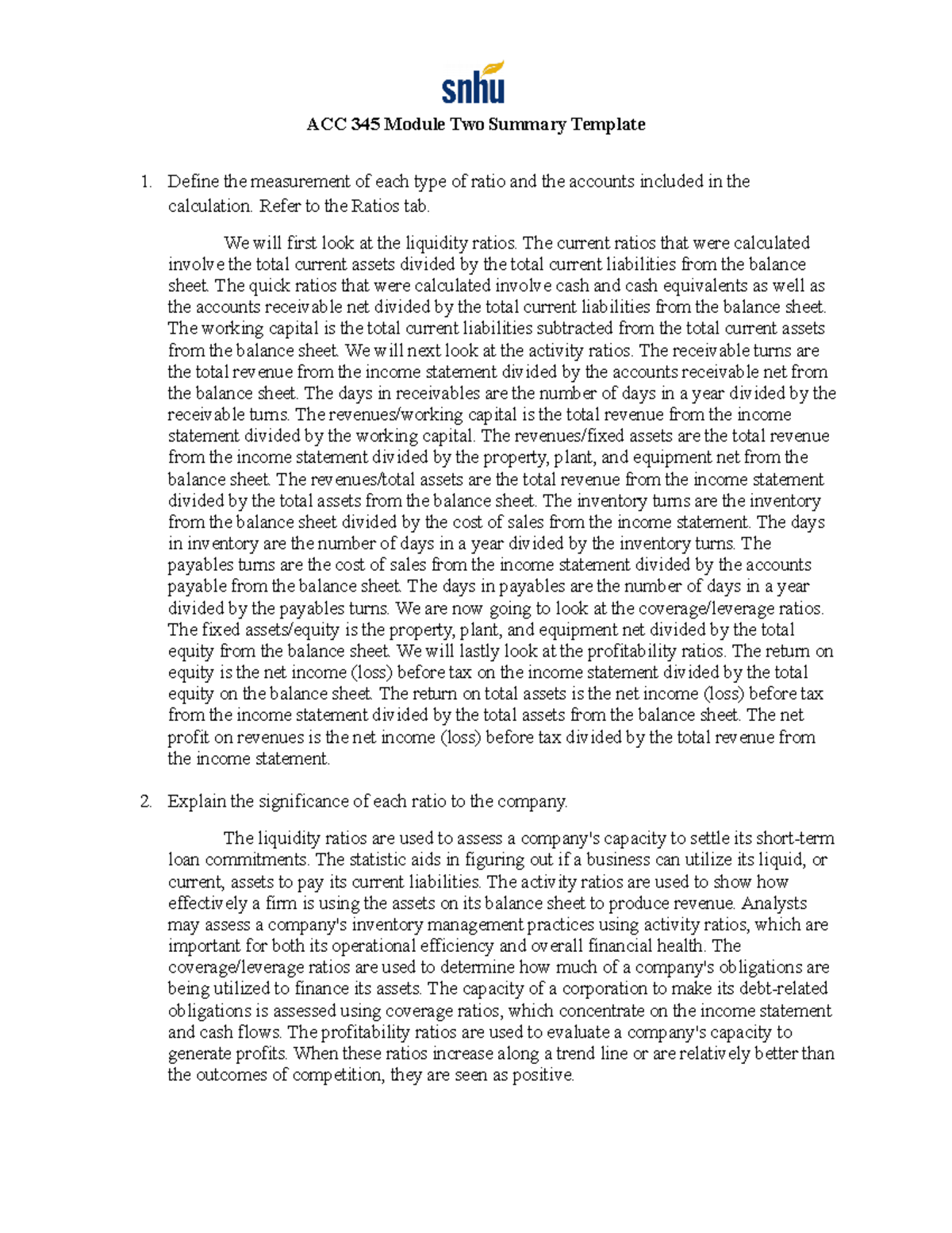 ACC 345 Module Two Summary Template - ACC 345 Module Two Summary ...