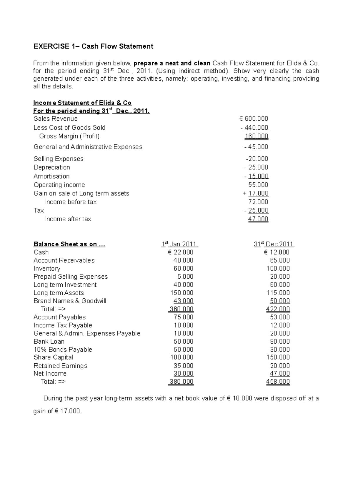 Fm Cash flows with relative solutions - EXERCISE 1– Cash Flow Statement ...