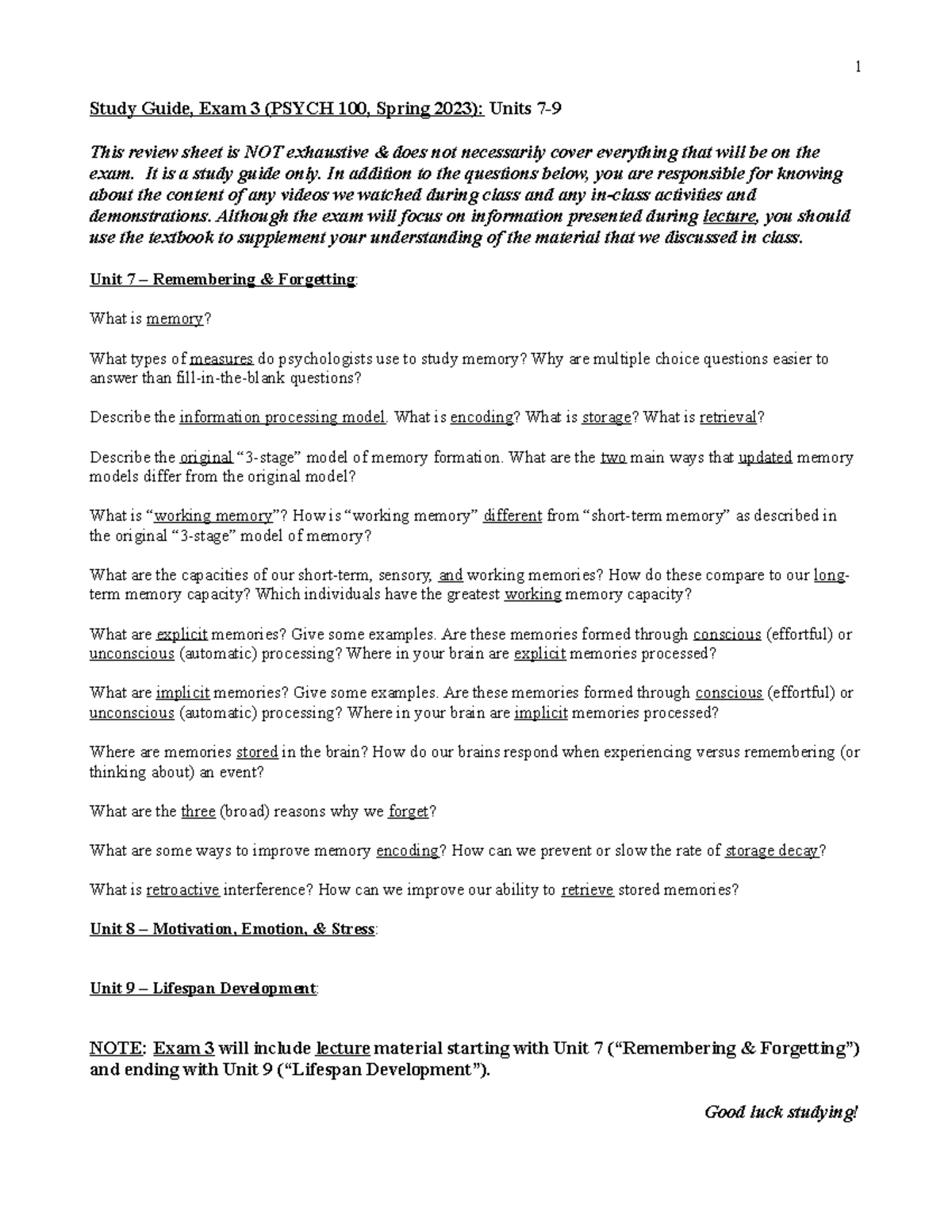 PSYCH 100 Sp23 Study Guide Exam3 Unit7 - 1 Study Guide, Exam 3 (PSYCH ...