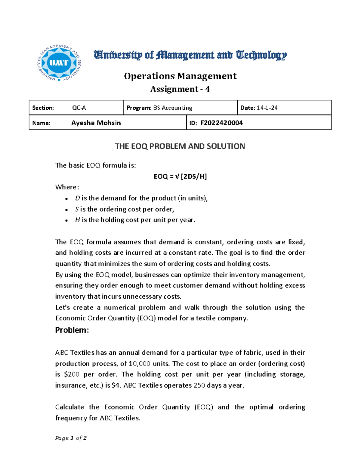 EOQ Assignment - Page 1 of 2 University of Management and Technology ...