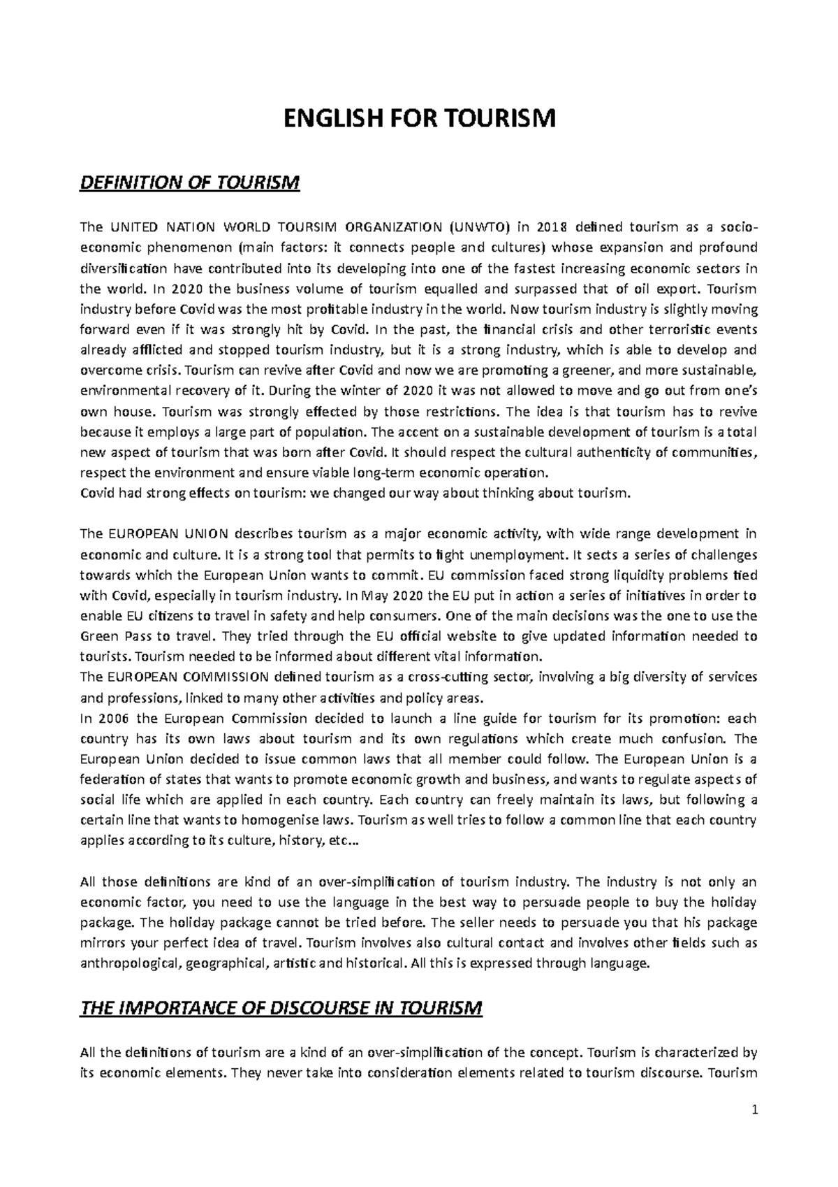 English FOR Tourism - ENGLISH FOR TOURISM DEFINITION OF TOURISM The ...