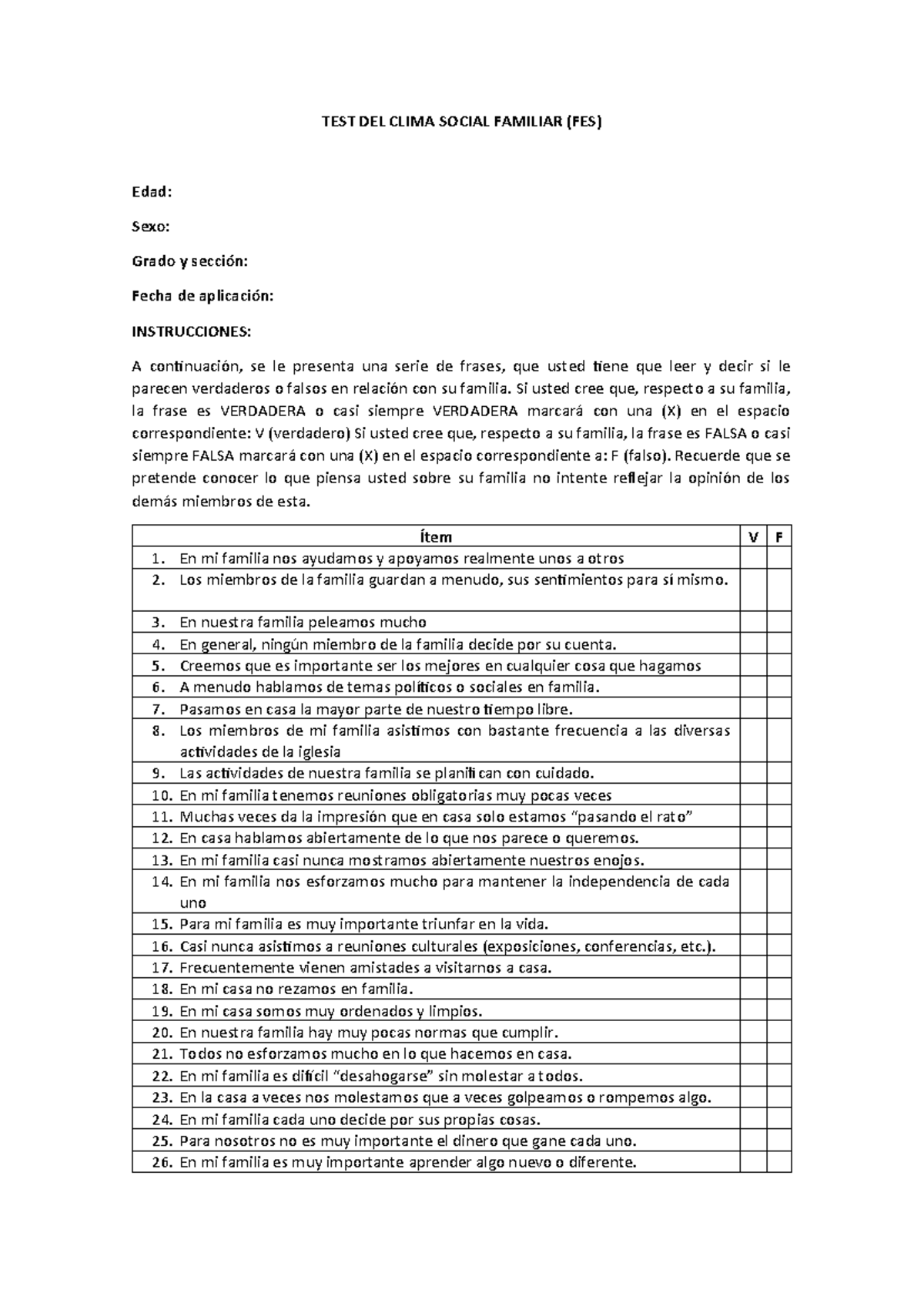Ilide - xcvbnm. - TEST DEL CLIMA SOCIAL FAMILIAR (FES) Edad: Sexo ...