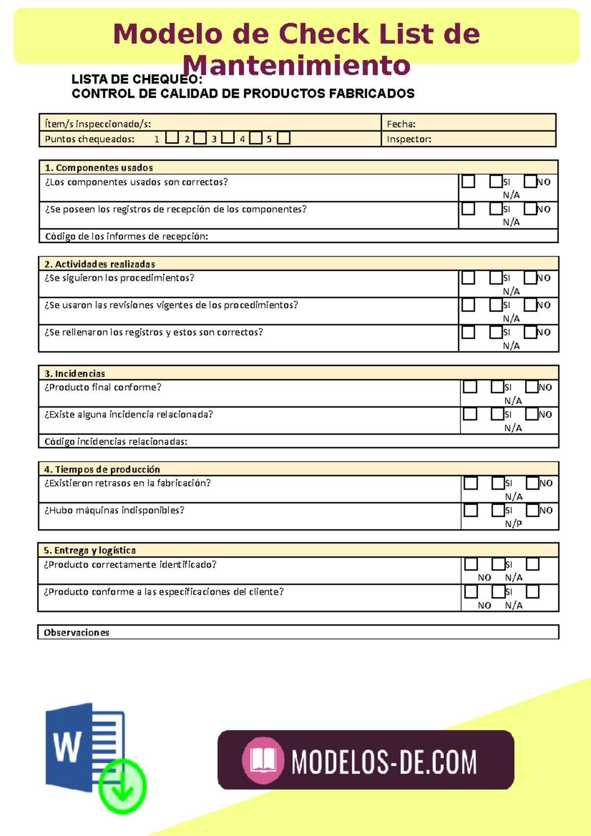 Modelo Check List de Mantenimiento 1 - LISTA DE CHEQUEO: CONTROL DE ...