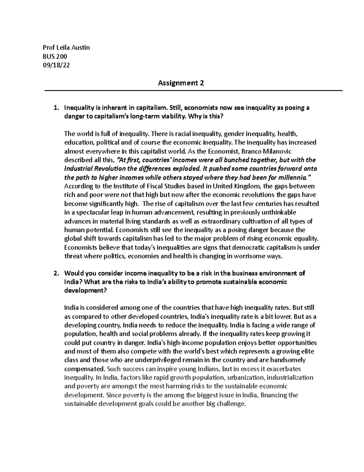 BUS 200 - Assignment 2 - Prof Leila Austin BUS 200 09/18/ Assignment 2 Inequality is inherent in ...
