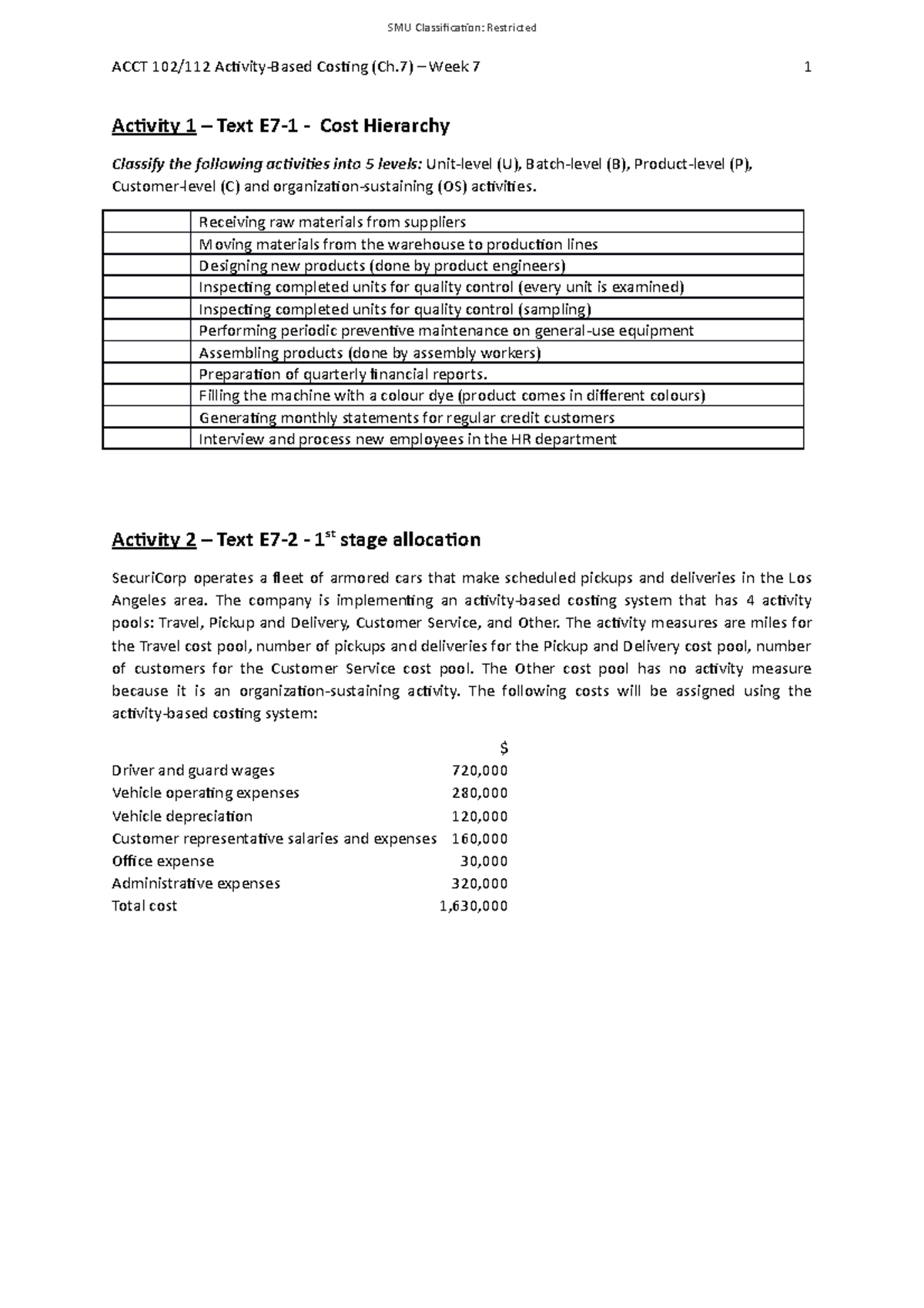 ABC Costing summary - ACCT 102/112 Activity-Based Costing (Ch) – Week 7 ...