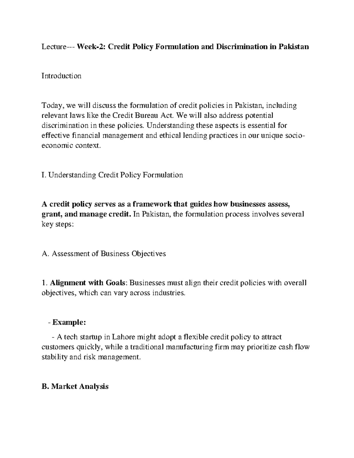 Lecture week-2 - week - Lecture- Week-2: Credit Policy Formulation and ...