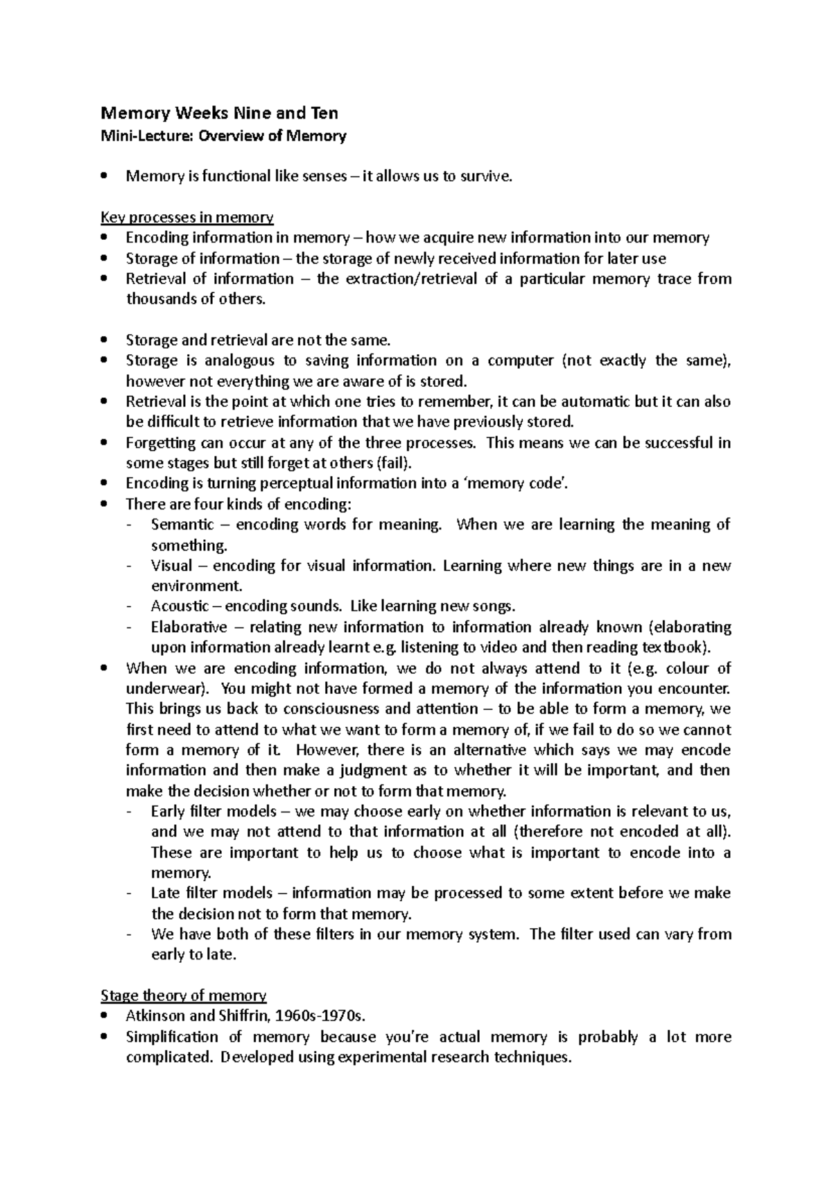 Memory - Week Nine-Ten - Memory Weeks Nine and Ten Mini-Lecture ...