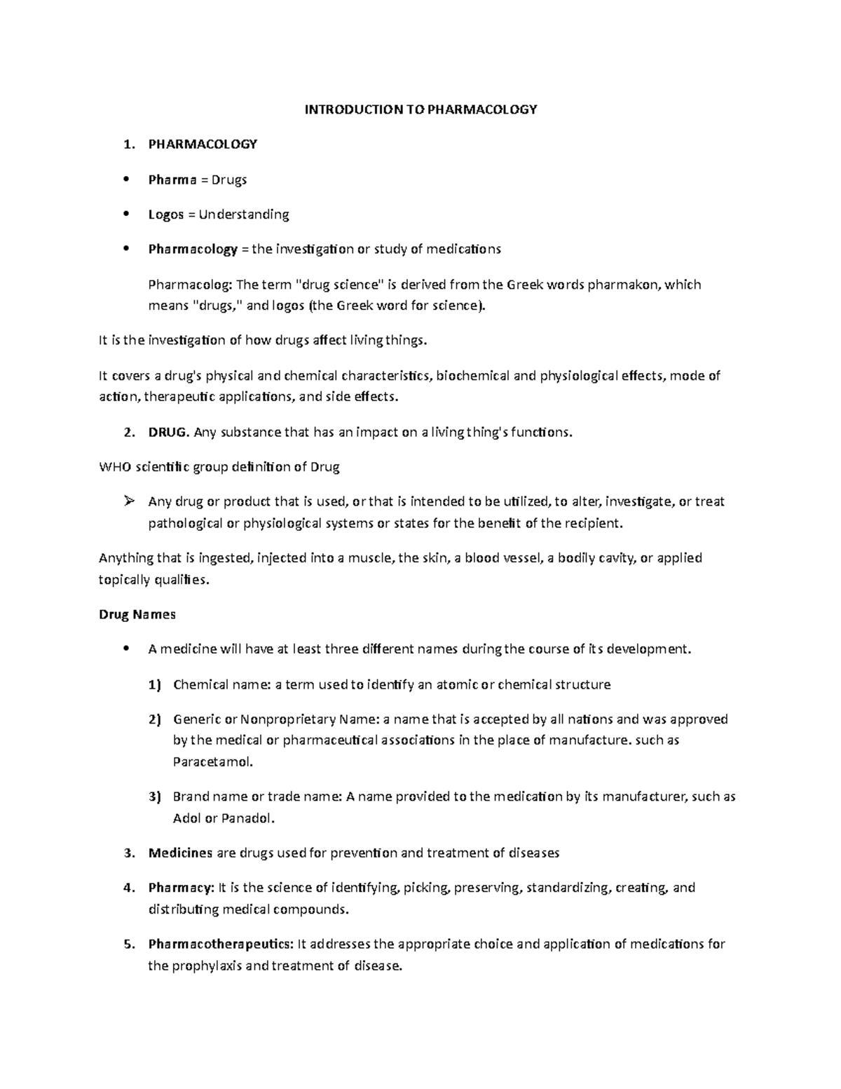 Introduction to Pharmacology Notes - INTRODUCTION TO PHARMACOLOGY 1 ...