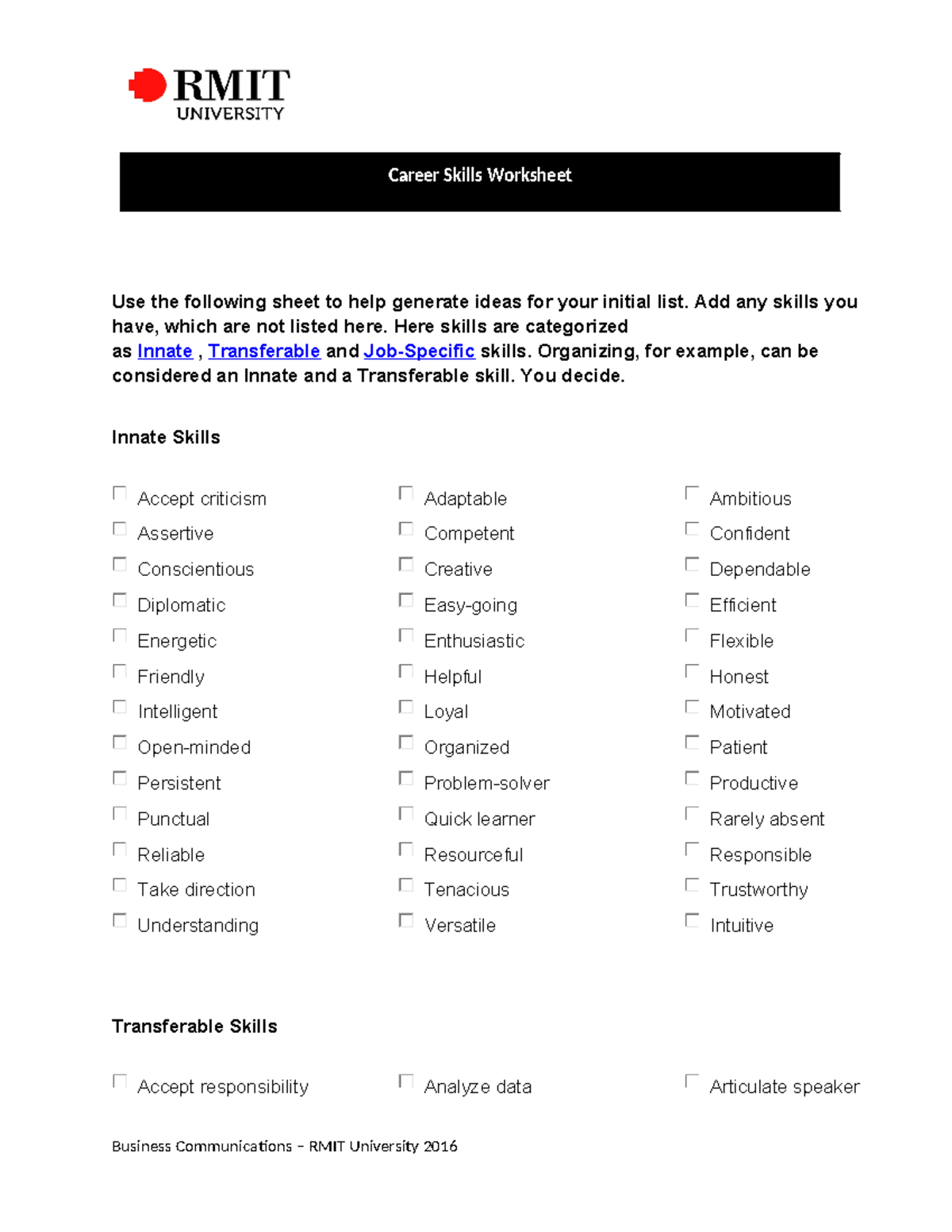 4. Career Skills Worksheet - Use the following sheet to help generate ...