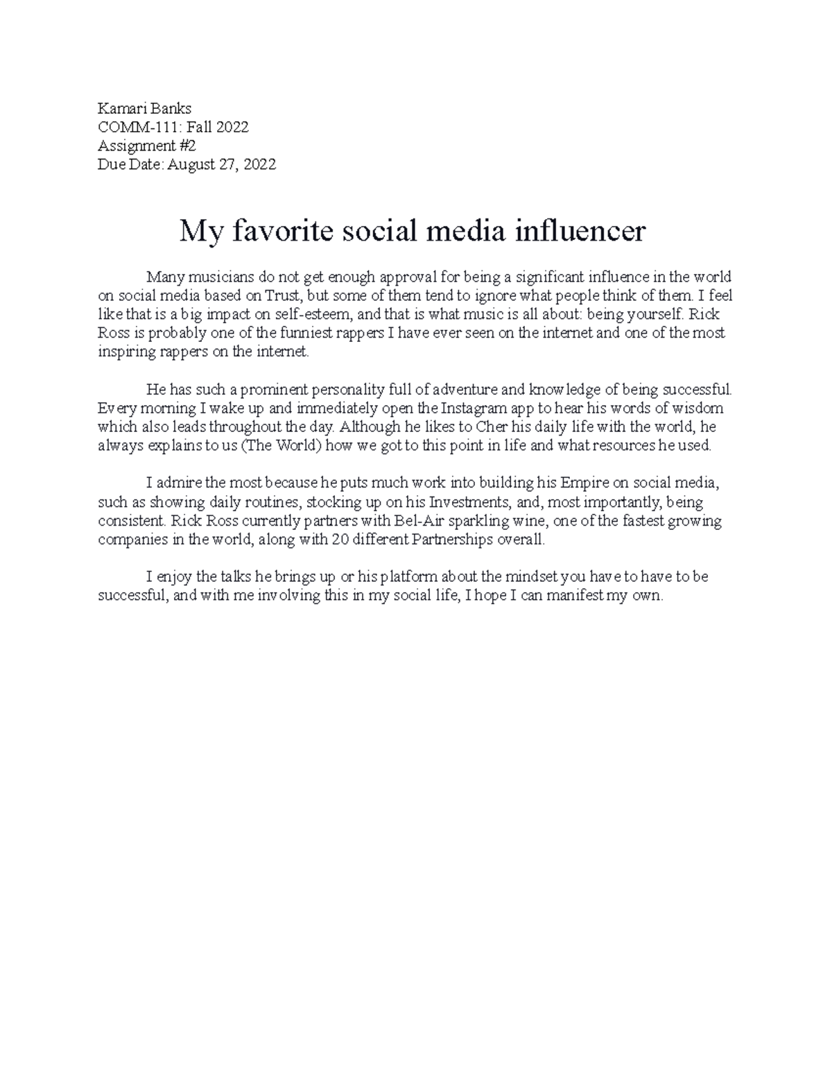 COMM-111 Assignment Template - Kamari Banks COMM-111: Fall 2022 ...