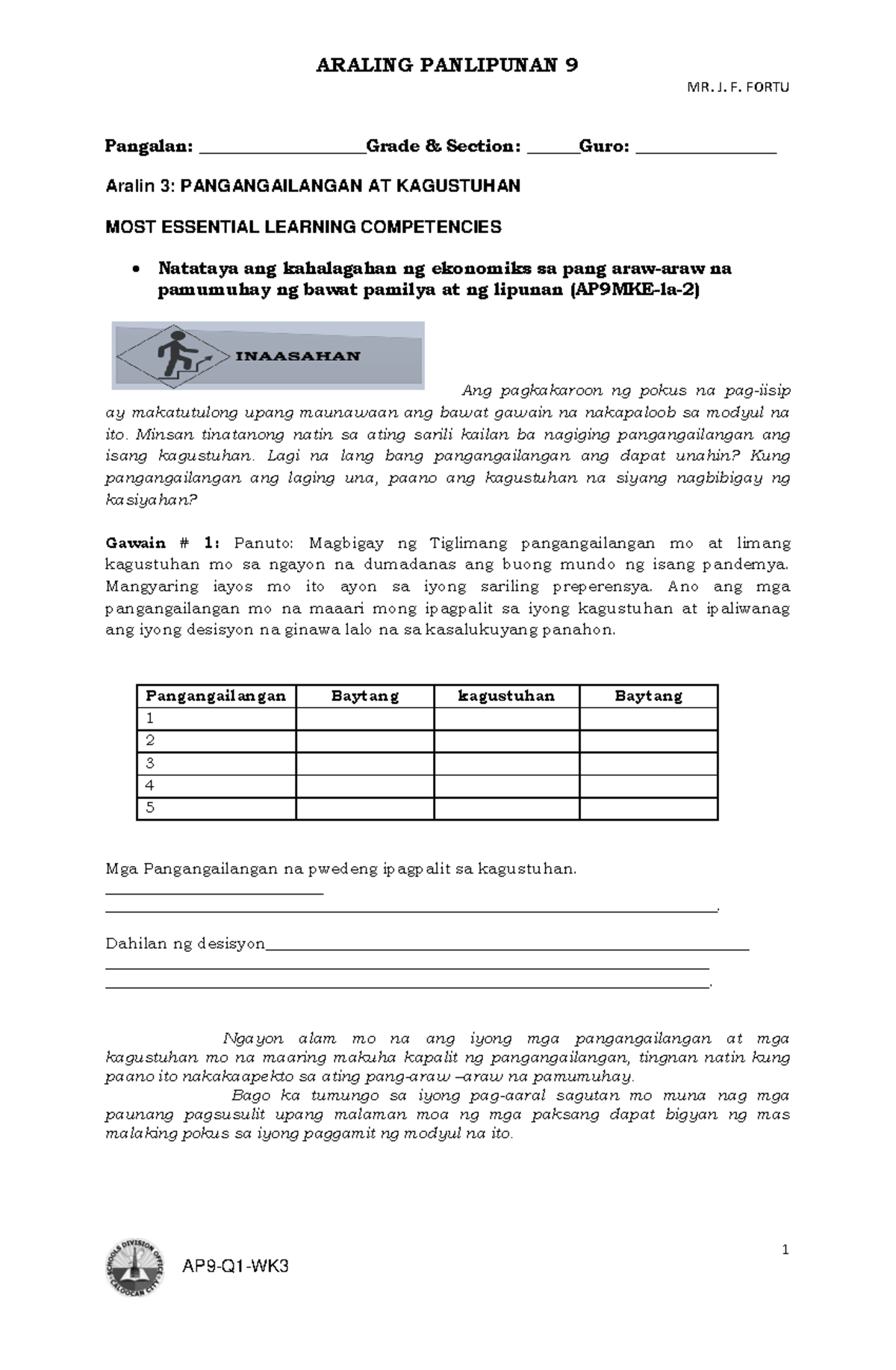 AP 9 Week 3 - DVFV FCB - MR. J. F. FORTU 1 Pangalan: ___________________Grade & Section: - Studocu