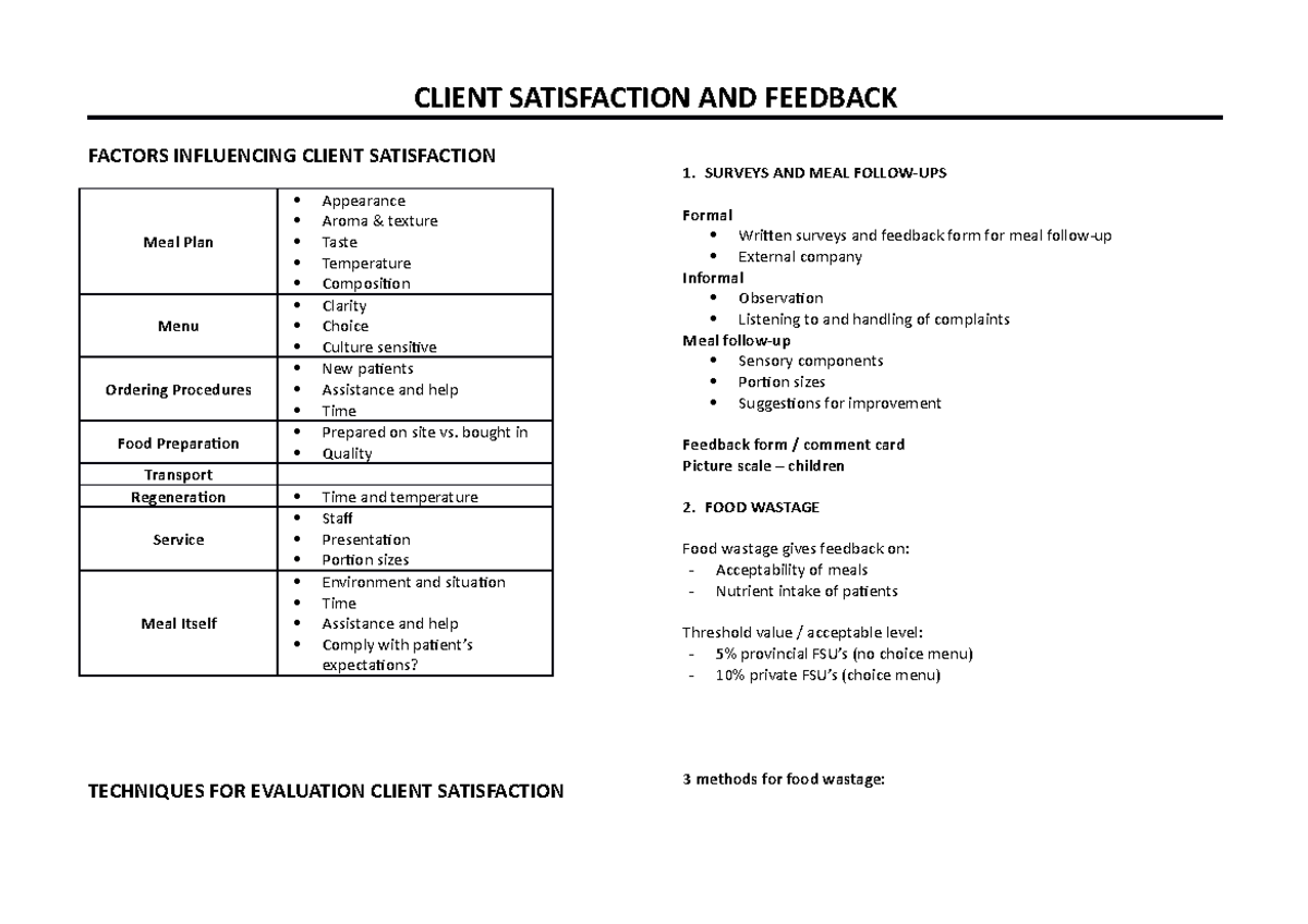 Theme 7 Study Notes - Summary Foods - CLIENT SATISFACTION AND FEEDBACK ...