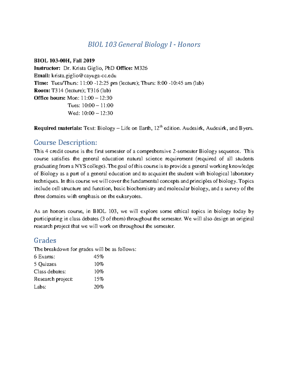 BIO103 syllabus - ............................... - BIOL 103 General ...