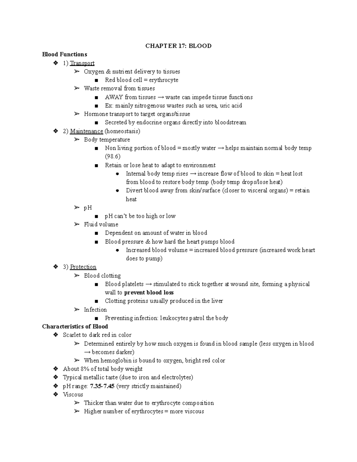Anatomy II Chpt 17-20 - Notes - CHAPTER 17: BLOOD Blood Functions 1 ...