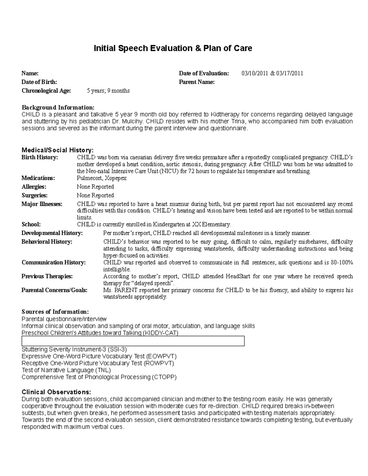COMD 4383 Case study 1 LSU - Initial Speech Evaluation & Plan of Care ...