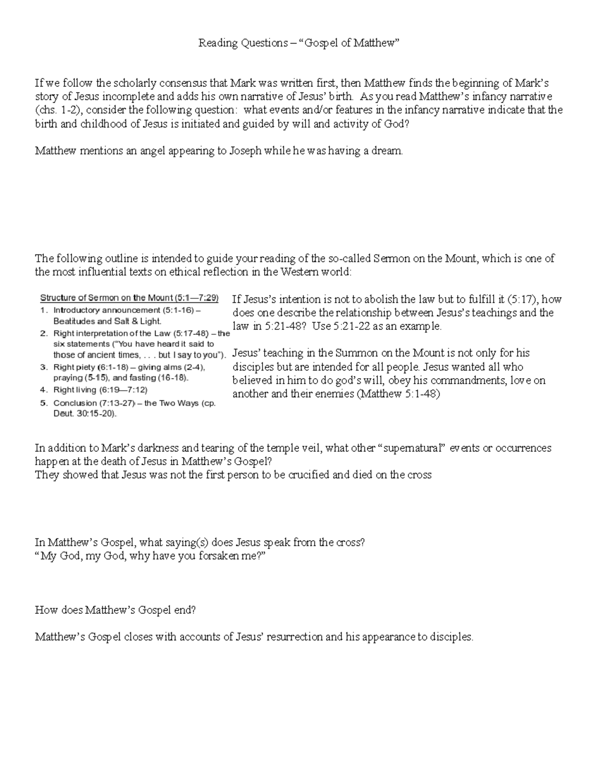 RQ-Gospelof Matthew - Reading Questions – “Gospel of Matthew” If we ...