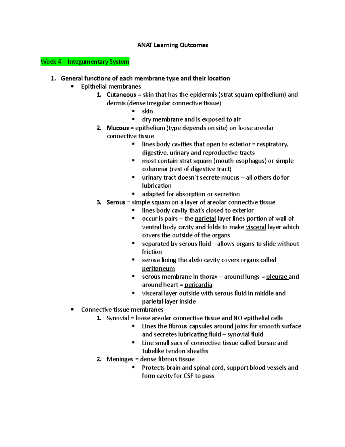 ANAT Week 4-6 Learning Outcomes - ANAT Learning Outcomes Week 4 ...