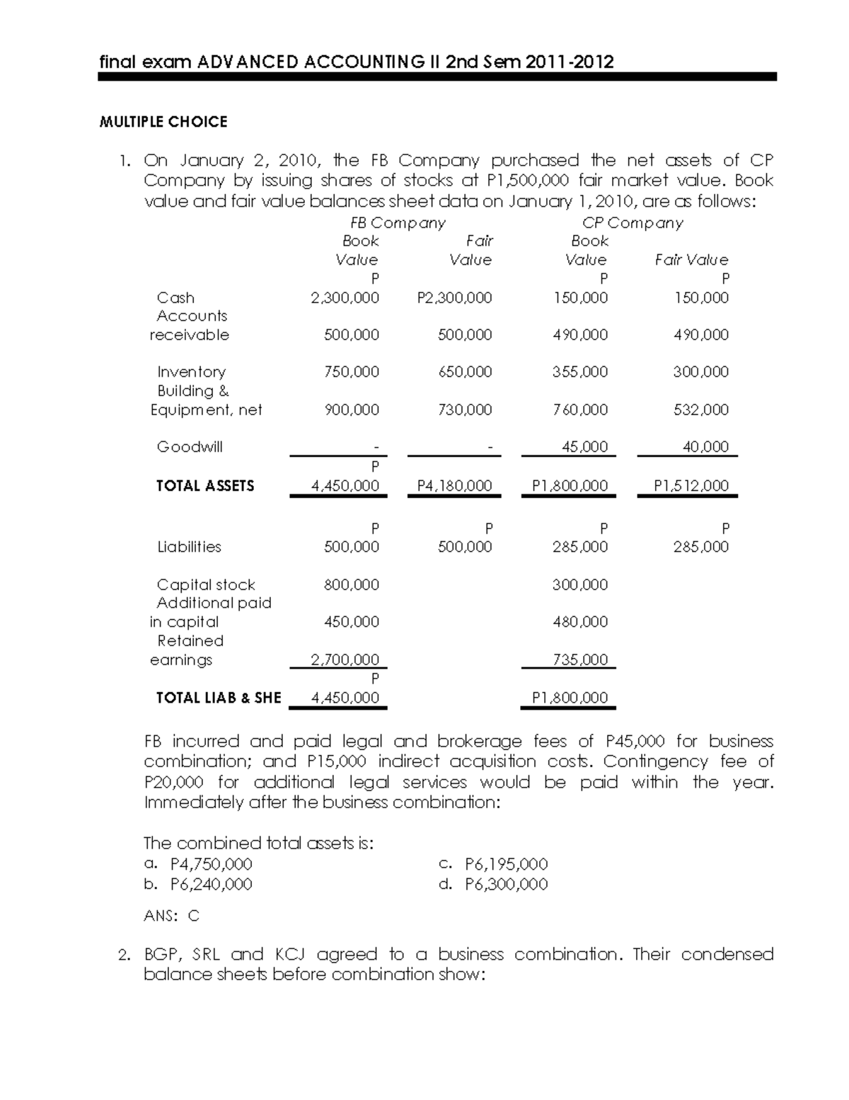 Pdfcoffee - final-examadv-acctg-22nd-sem2011-2012 - final exam ADVANCED ACCOUNTING II 2nd Sem ...