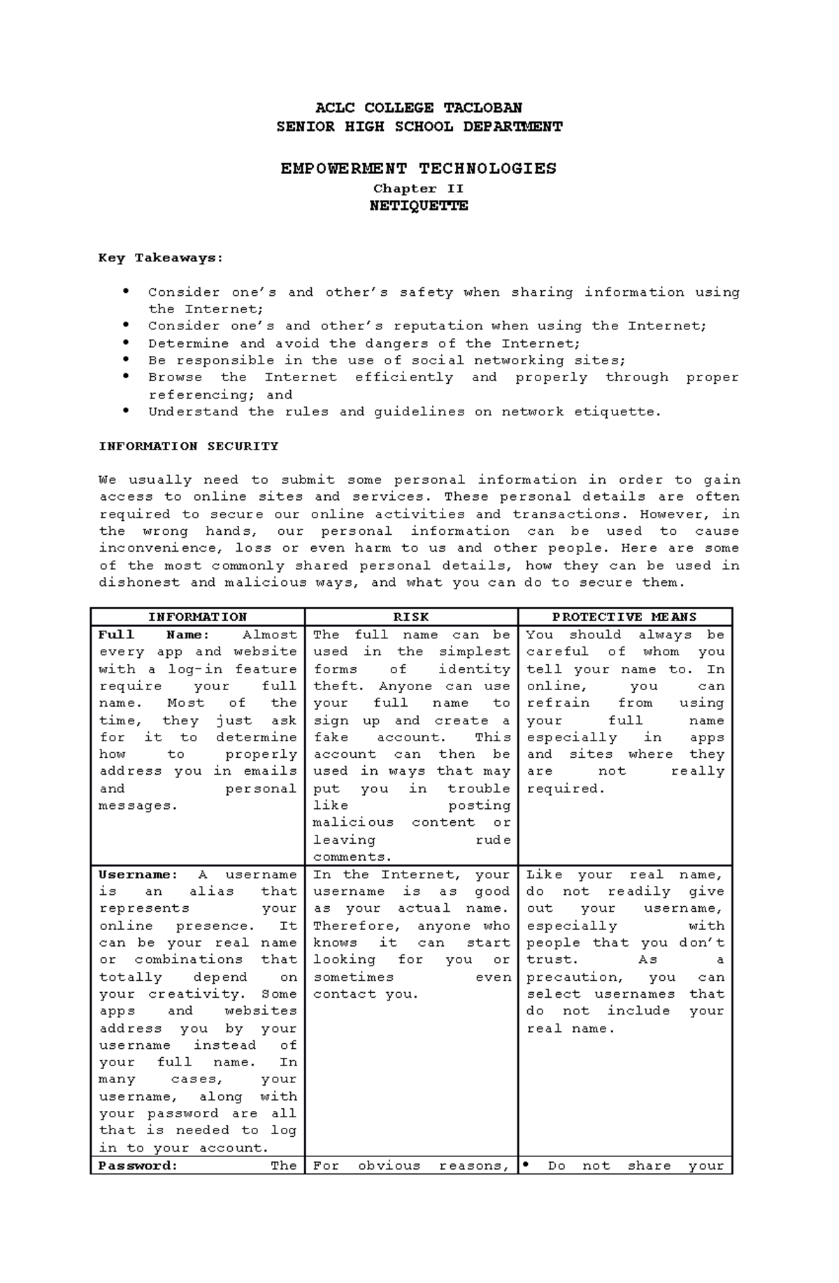 ETEC 102 MOD Netiquette - ACLC COLLEGE TACLOBAN SENIOR HIGH SCHOOL DEPARTMENT EMPOWERMENT - Studocu