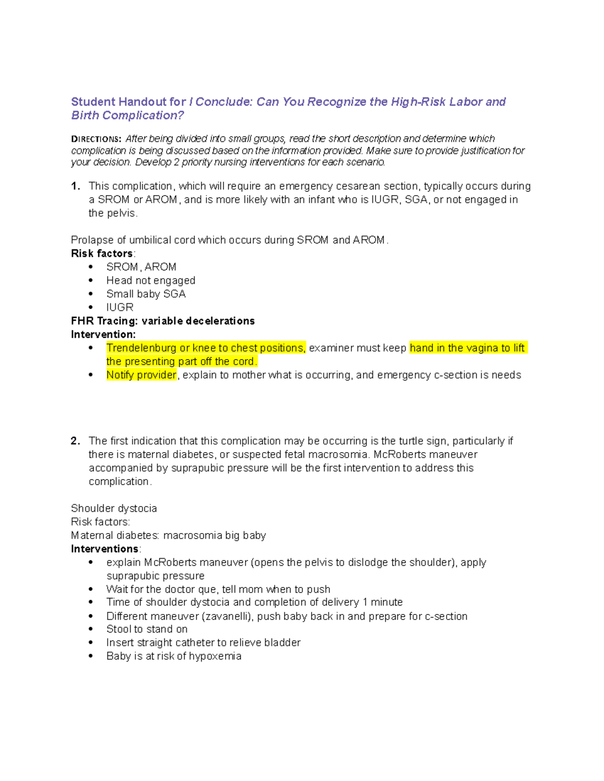 High Risk LD Review - High Risk Labor and Delivery, complications ...