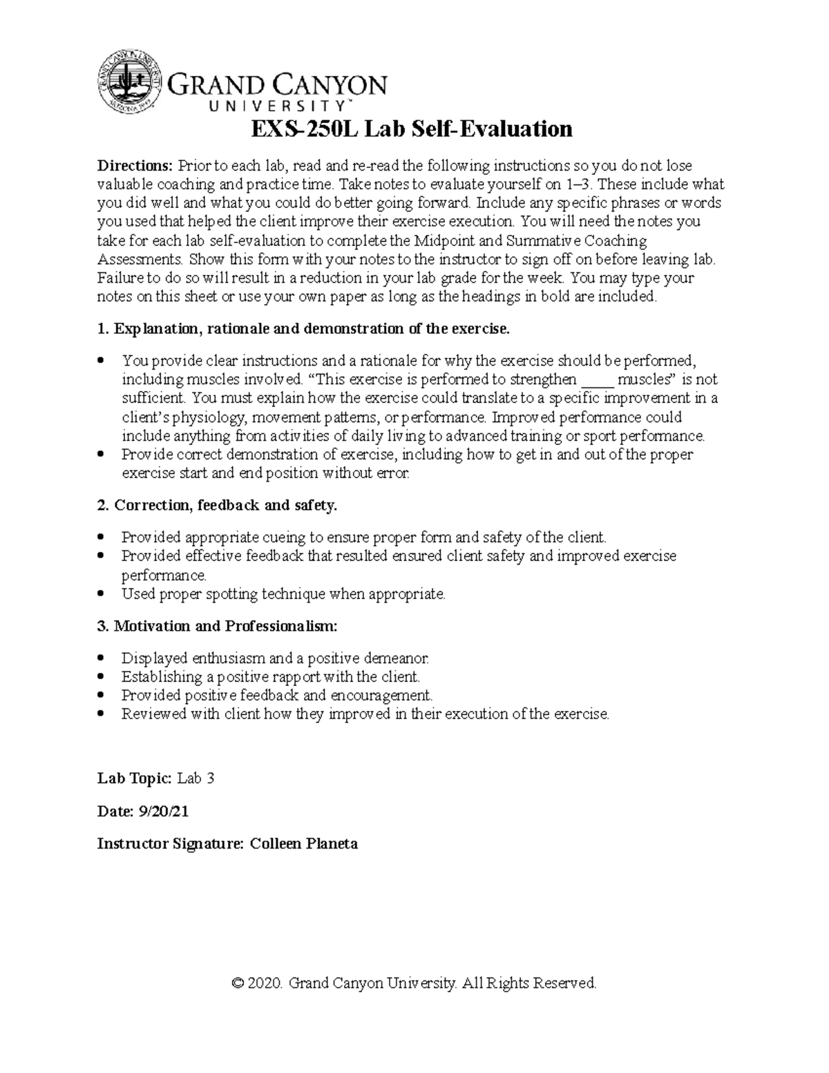 LAB 3 SELF Evaluation - lab in class - EXS-250L Lab Self-Evaluation ...