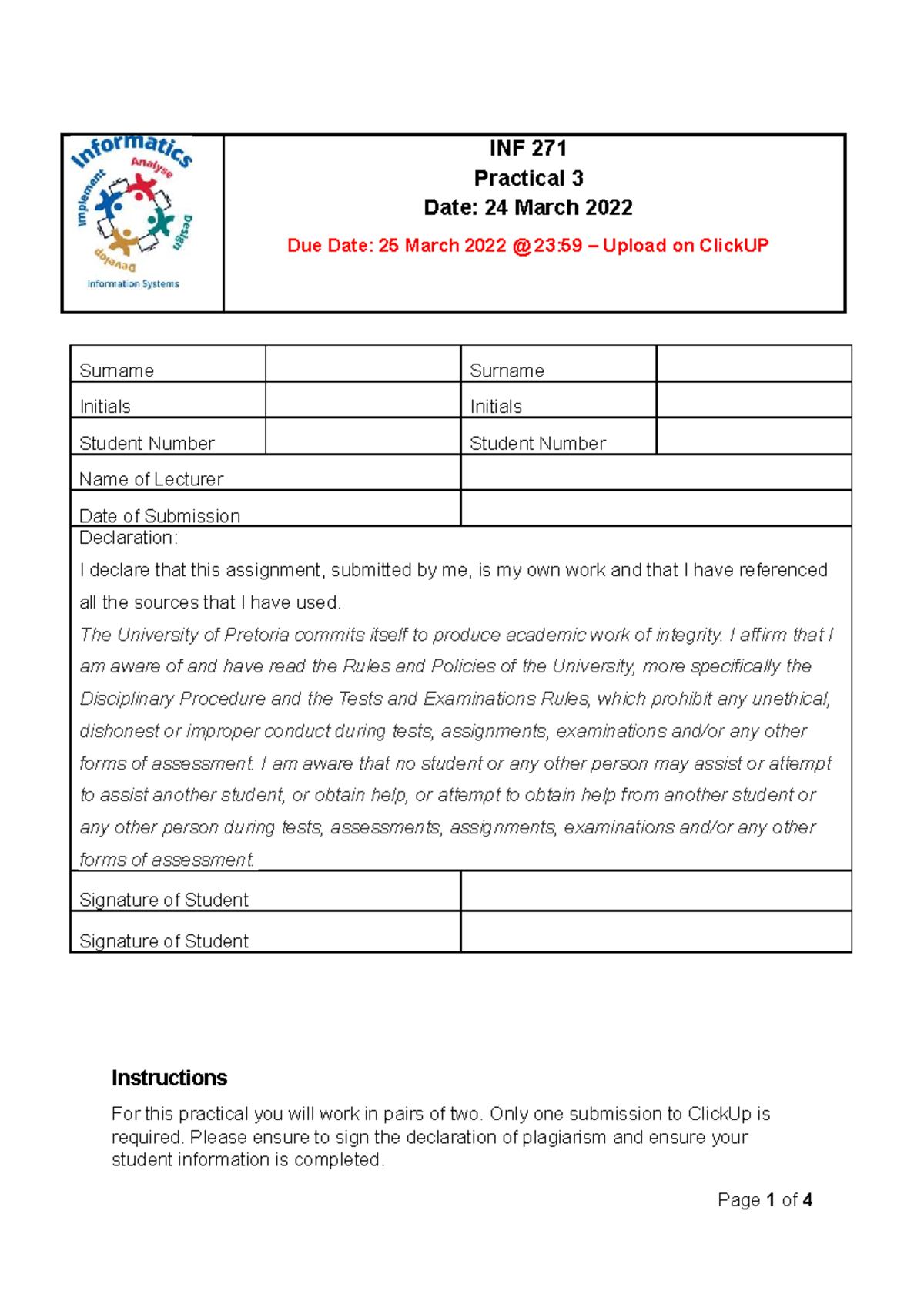 Practical 3 - JHHJG - INF 271 Practical 3 Date: 24 March 2022 Due Date ...