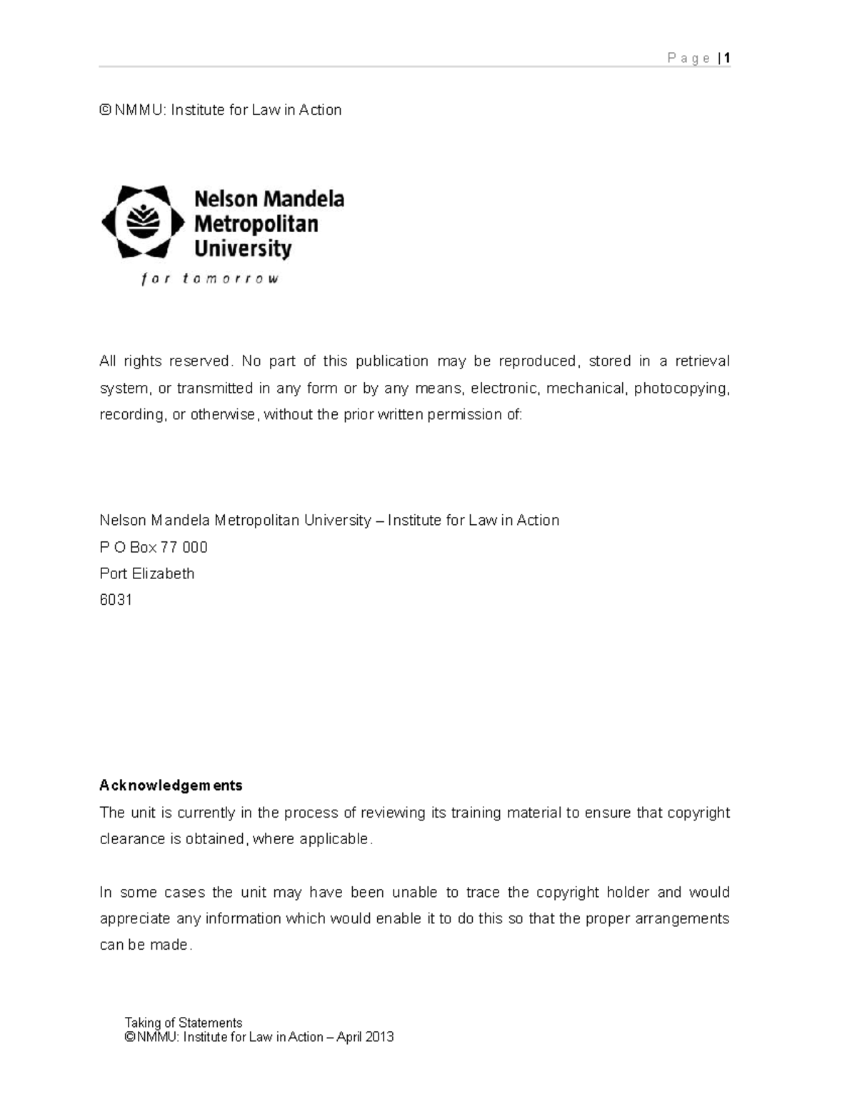 Sem 1 JTS101 Taking of Statements Course notes - © NMMU: Institute for ...