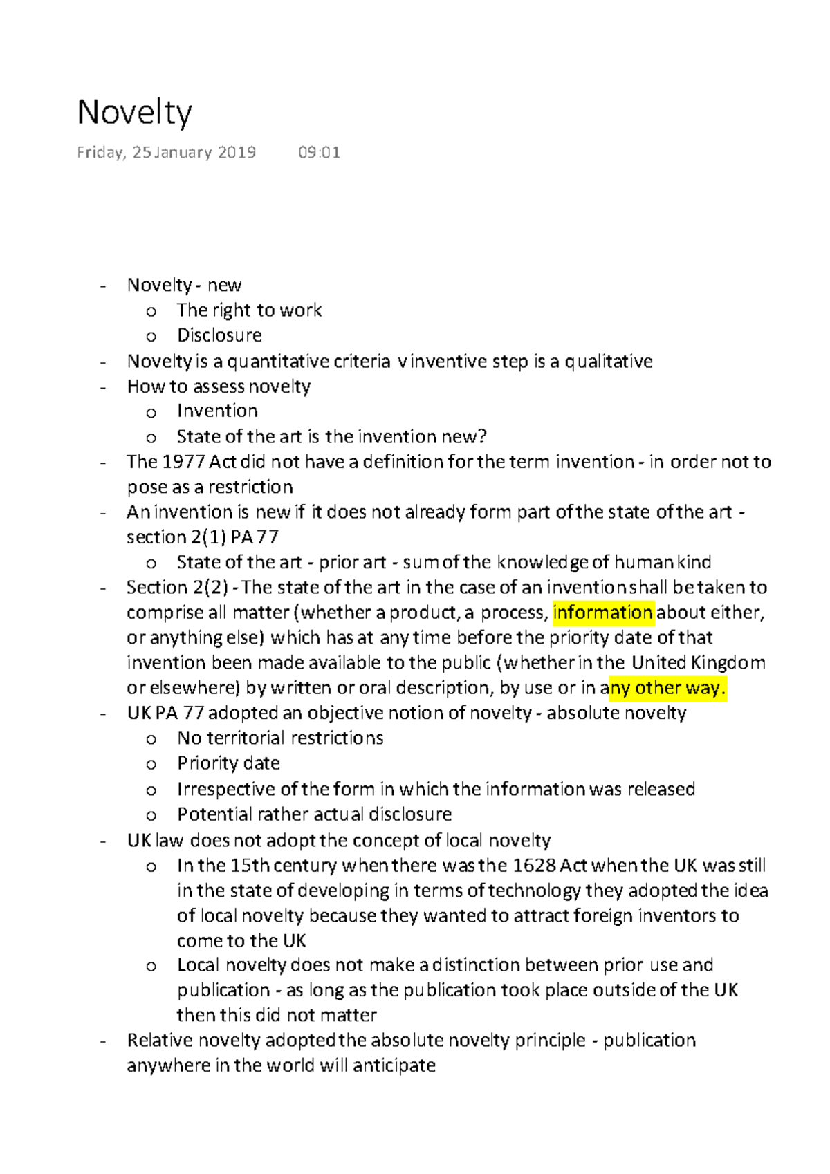 IP Lecture 13 - Novelty - Novelty -new The right to work Disclosure ...