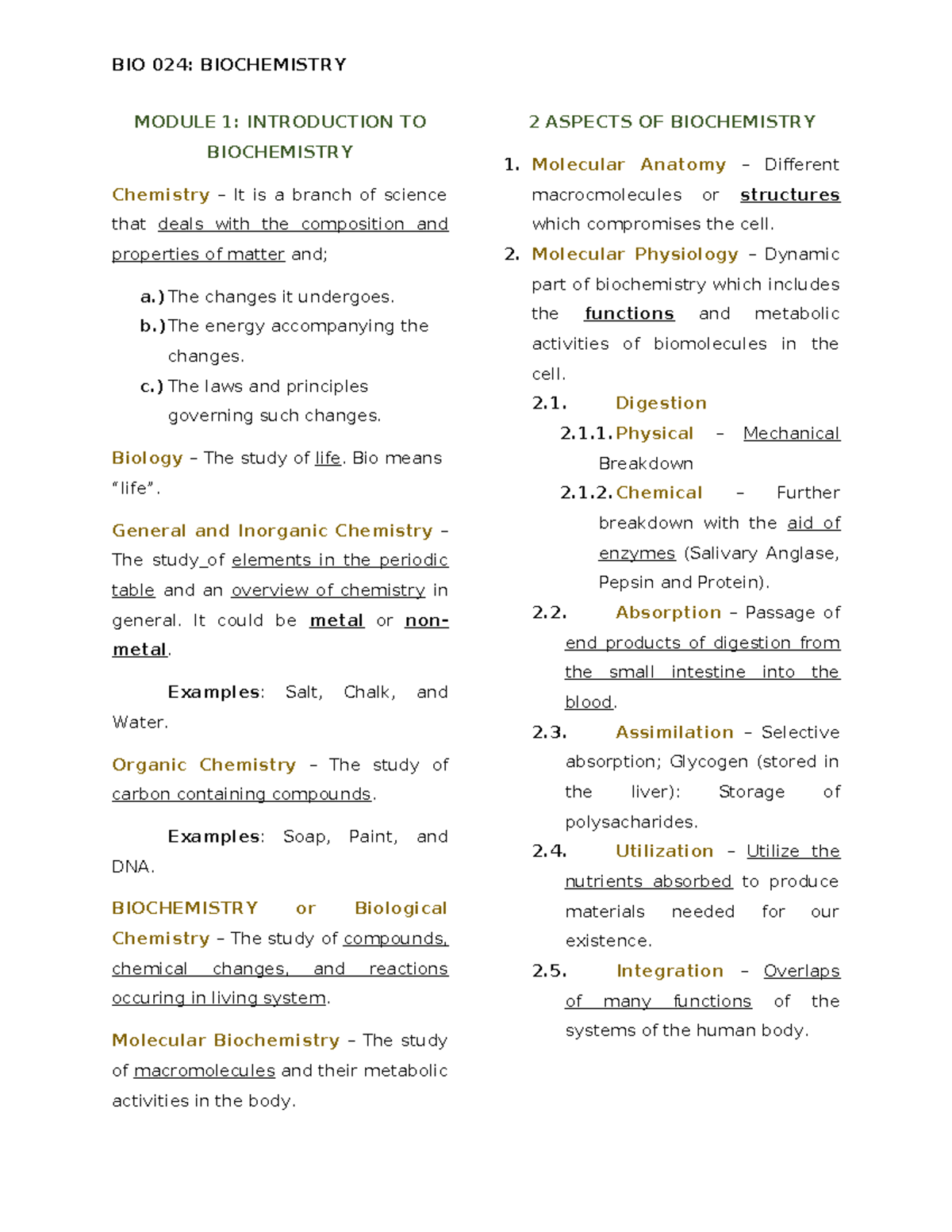 the new beginning - BIO 024: BIOCHEMISTRY MODULE 1: INTRODUCTION TO ...
