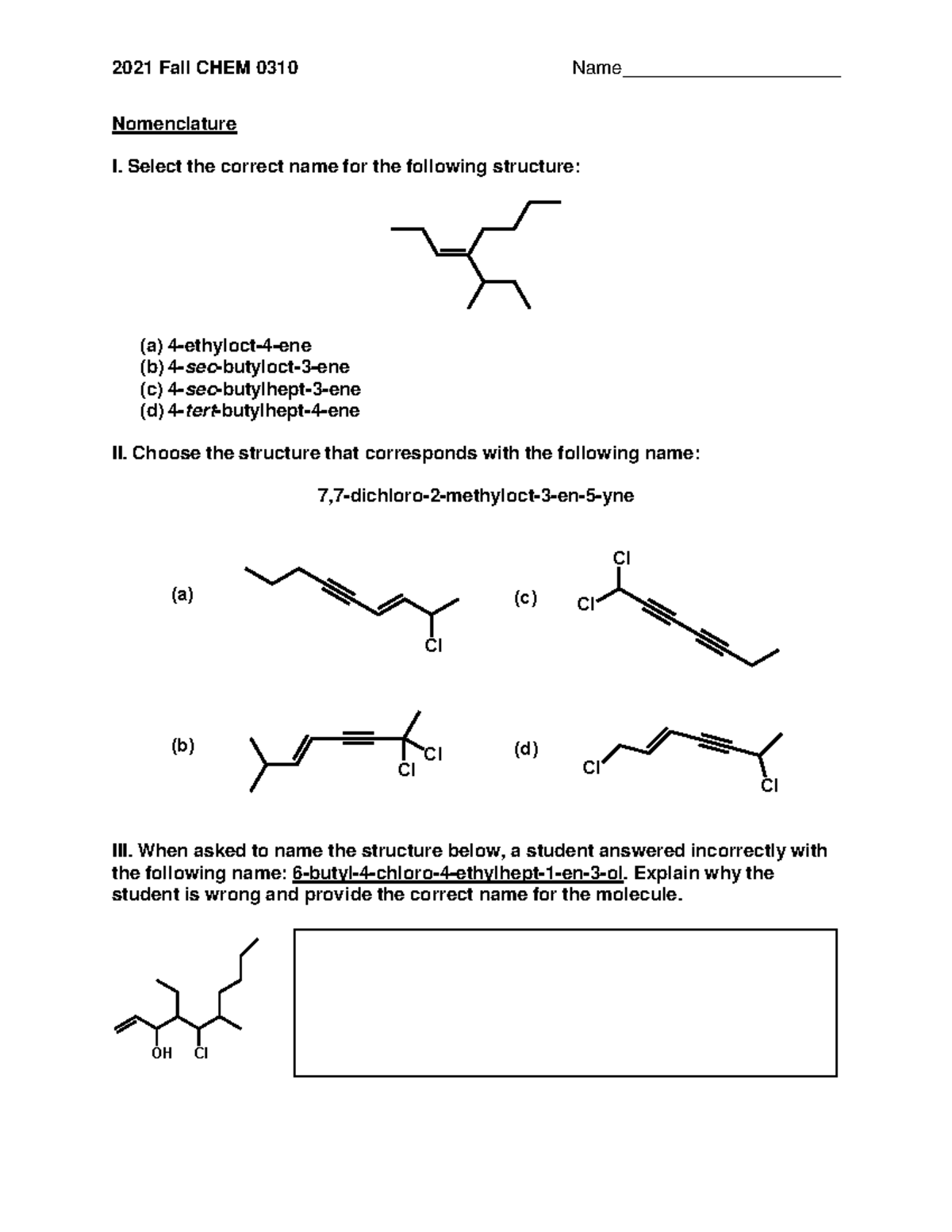 5 - Naming Organic Molecules - 2021 Fall CHEM 0310 Name ...