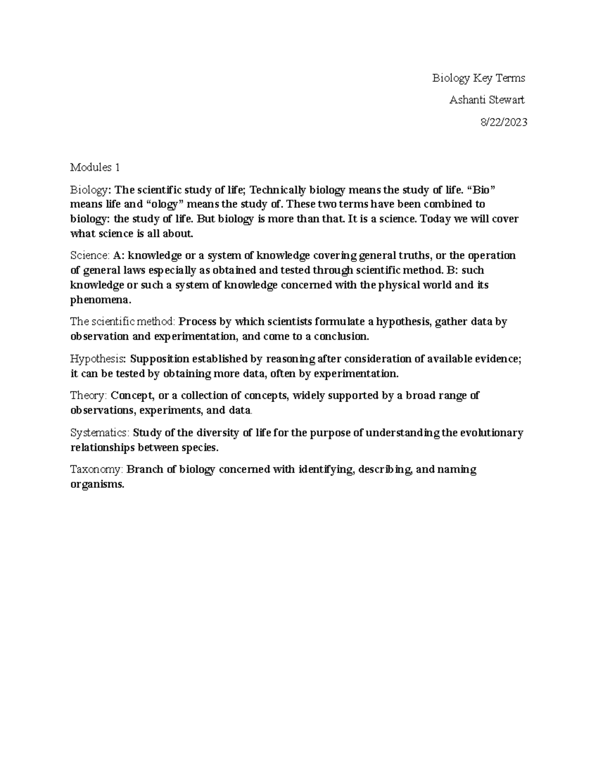 Biology Key Terms - Good luck! - Biology Key Terms Ashanti Stewart 8/22 ...