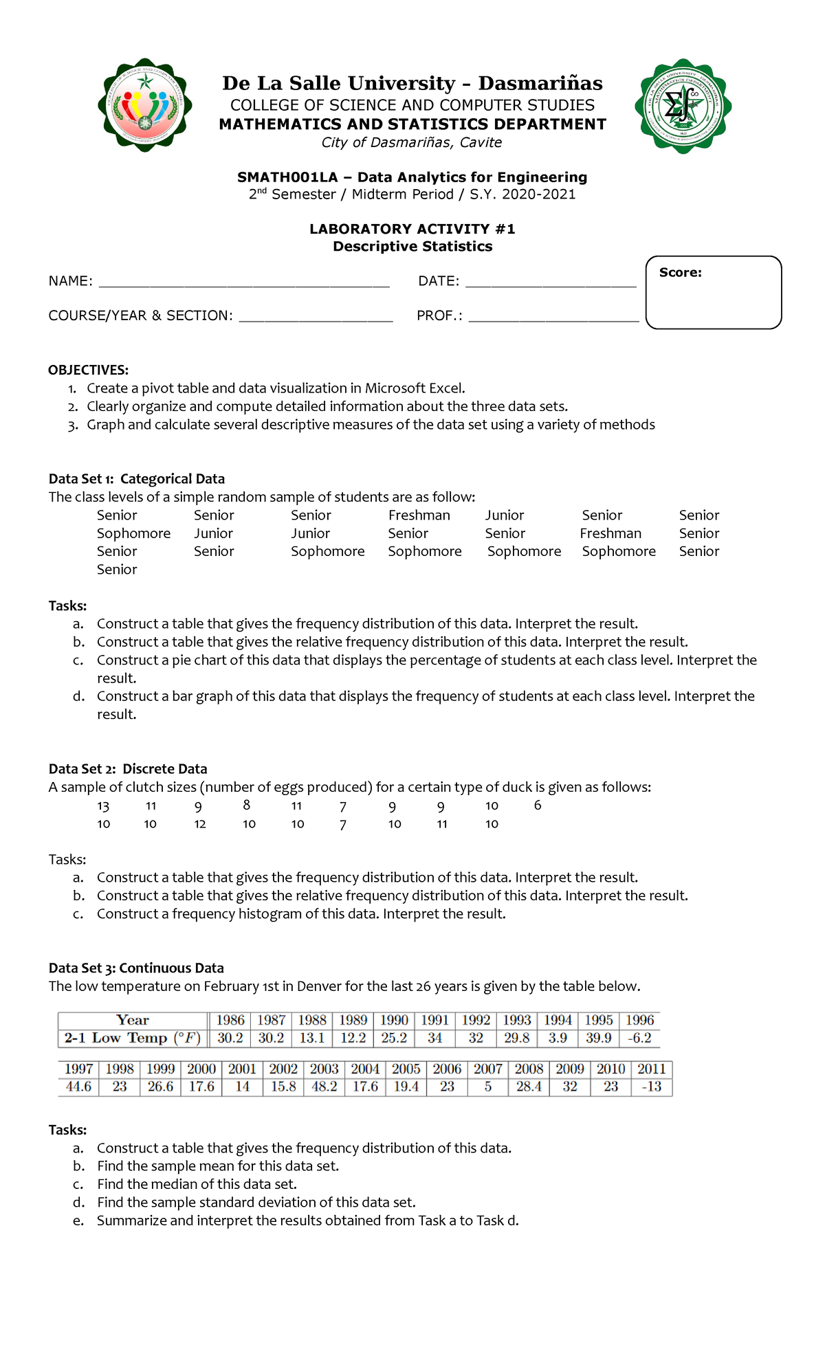 Data Analytics LABORATORY ACTIVITY #1 Descriptive Statistics - De La ...
