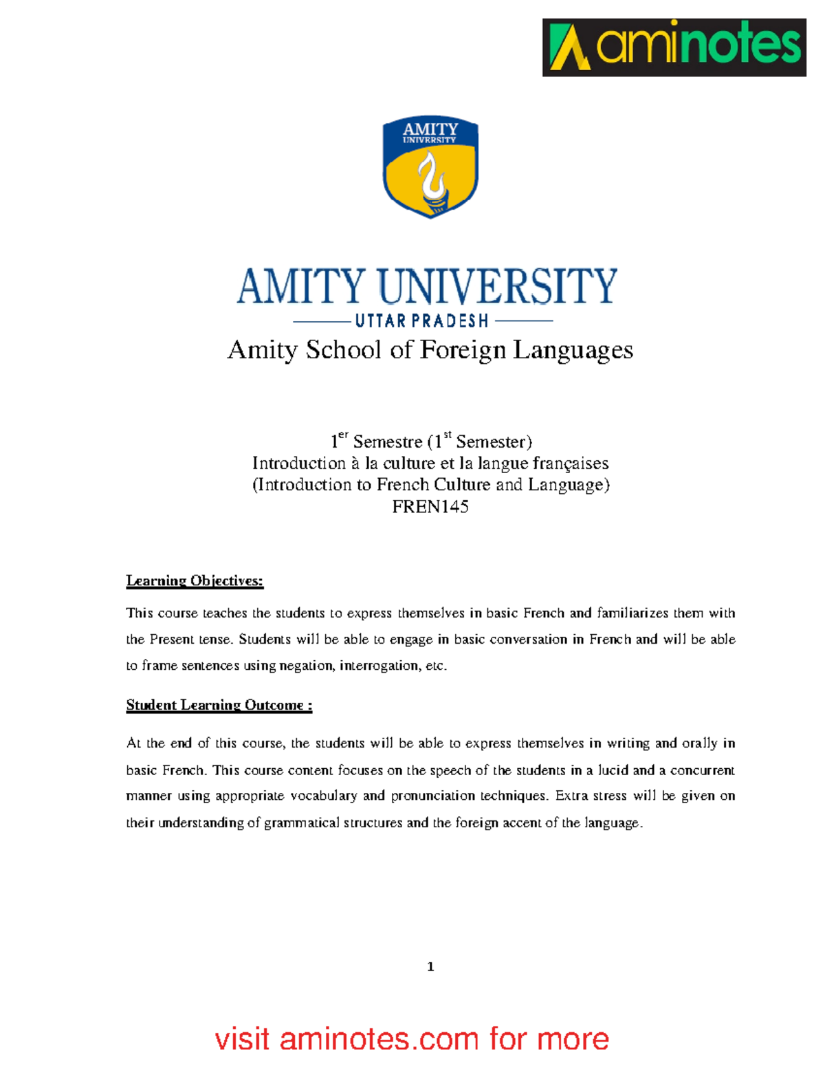 FREN145 Intro French - 1 Amity School of Foreign Languages 1 er ...