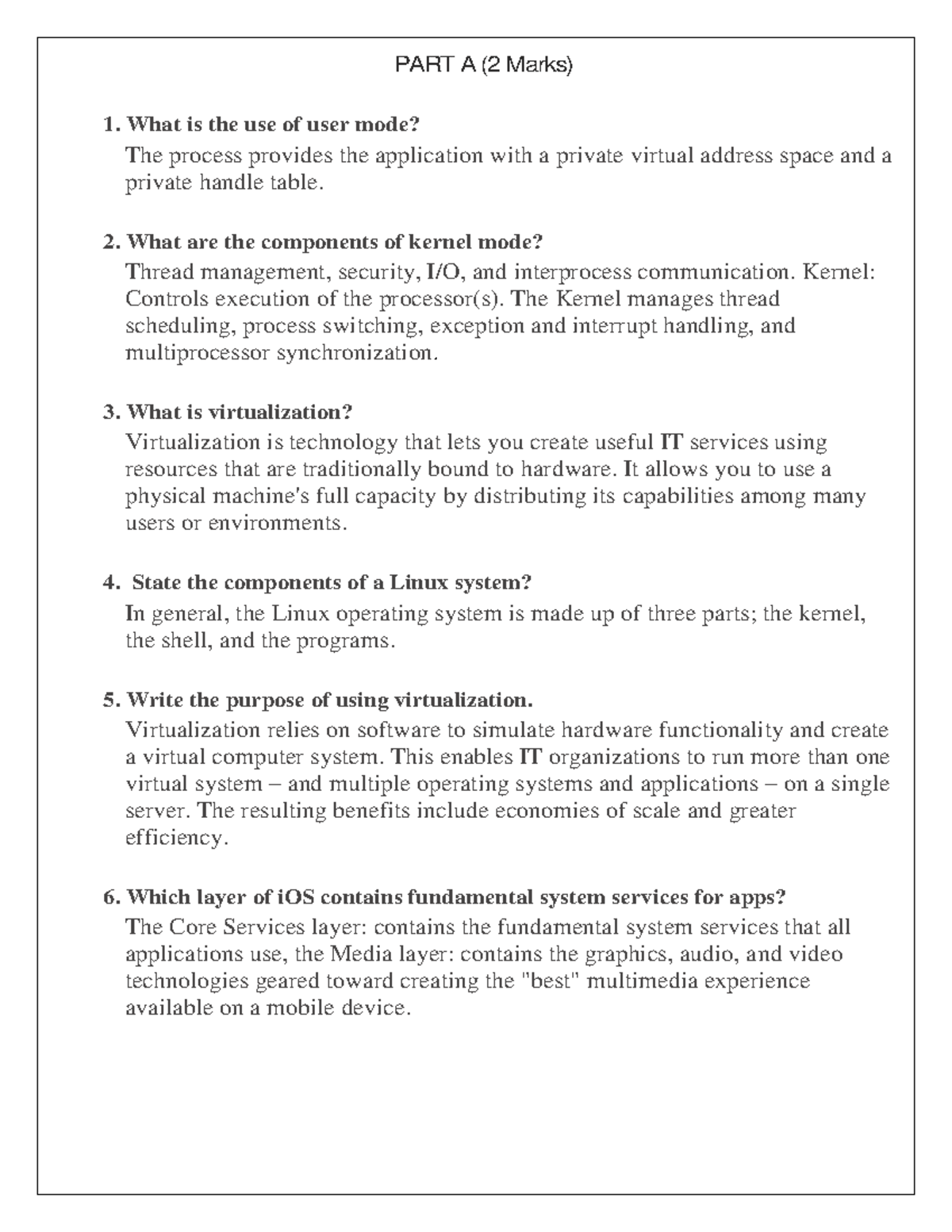 CS 3451 Introduction TO Operating System Question Answer FOR Internal EXAM Reference - PART A (2 ...