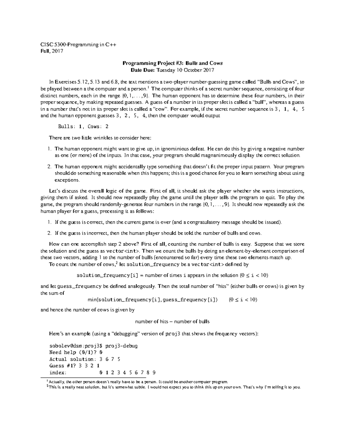 Programming Project #3 Bulls and Cows - CISC 5300-Programming in C++ ...