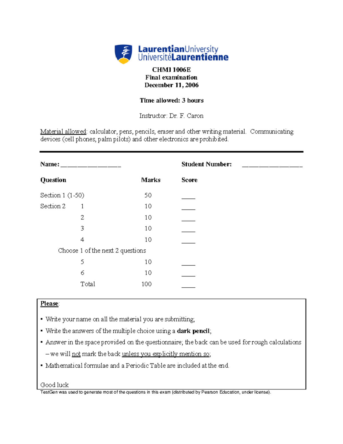 Exam Practice - chem - CHMI 1006E Final examination December 11, 2006 ...
