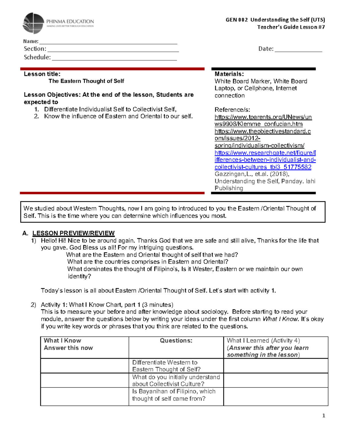 GEN 002 MODULE 9 - Teacher’s Guide Lesson # Name