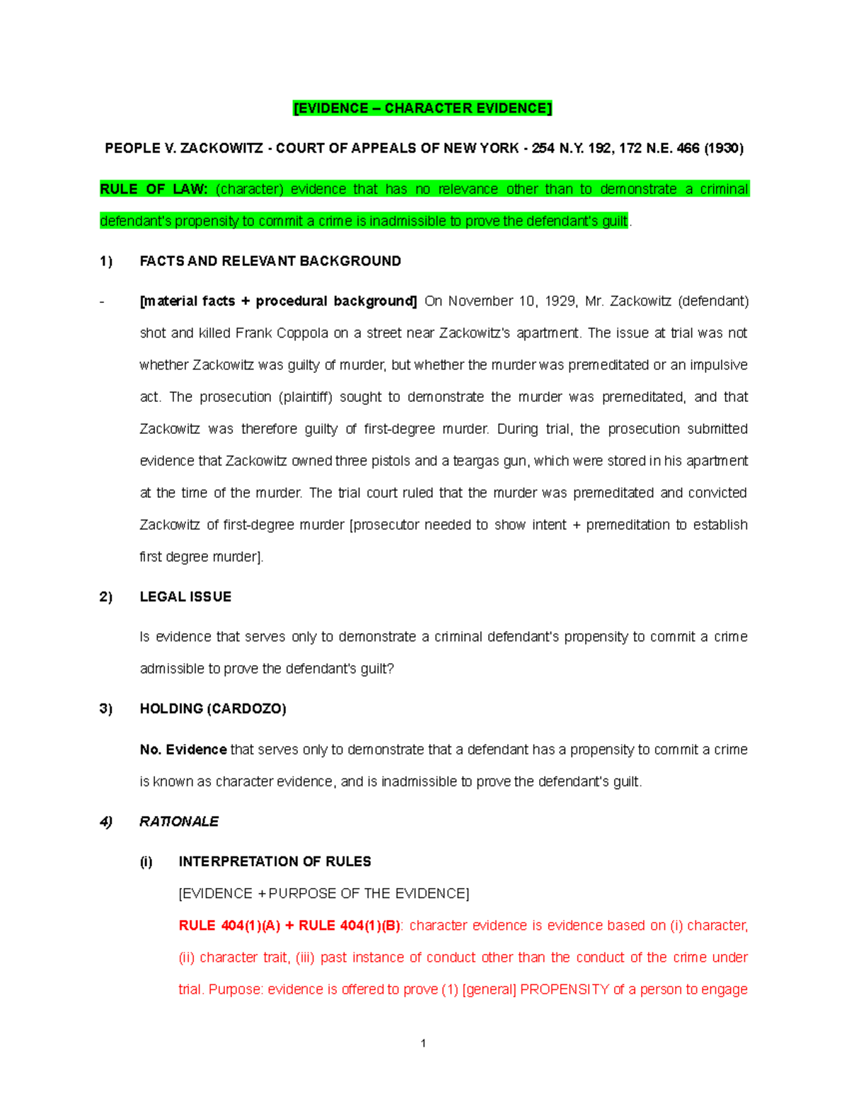 Case brief People v. Zackowitz - SUMMARY + CLASS NOTES + ANALYSIS ...