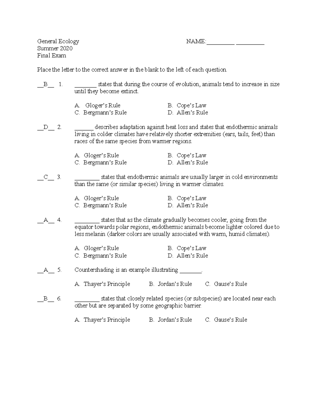 Final Exam Summer 2020 - Practice Test for Ecology - General Ecology ...