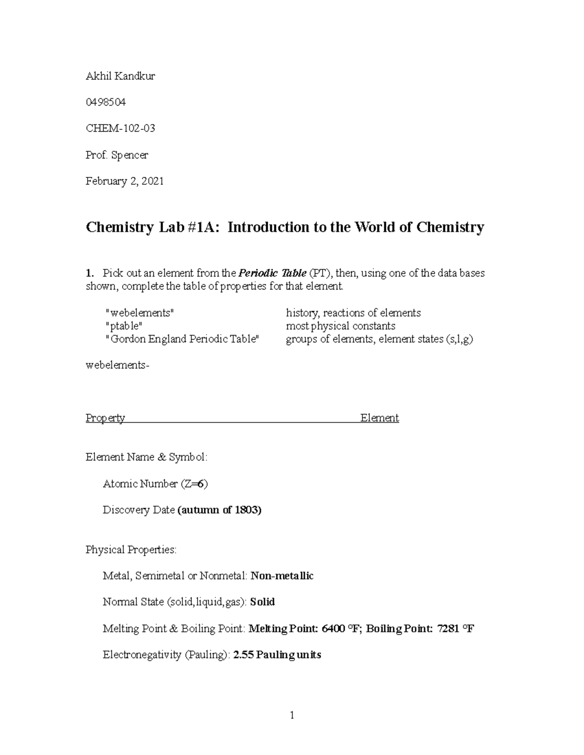 Lab #1-A Introduction to Chemistry - Akhil Kandkur 0498504 CHEM-102 ...