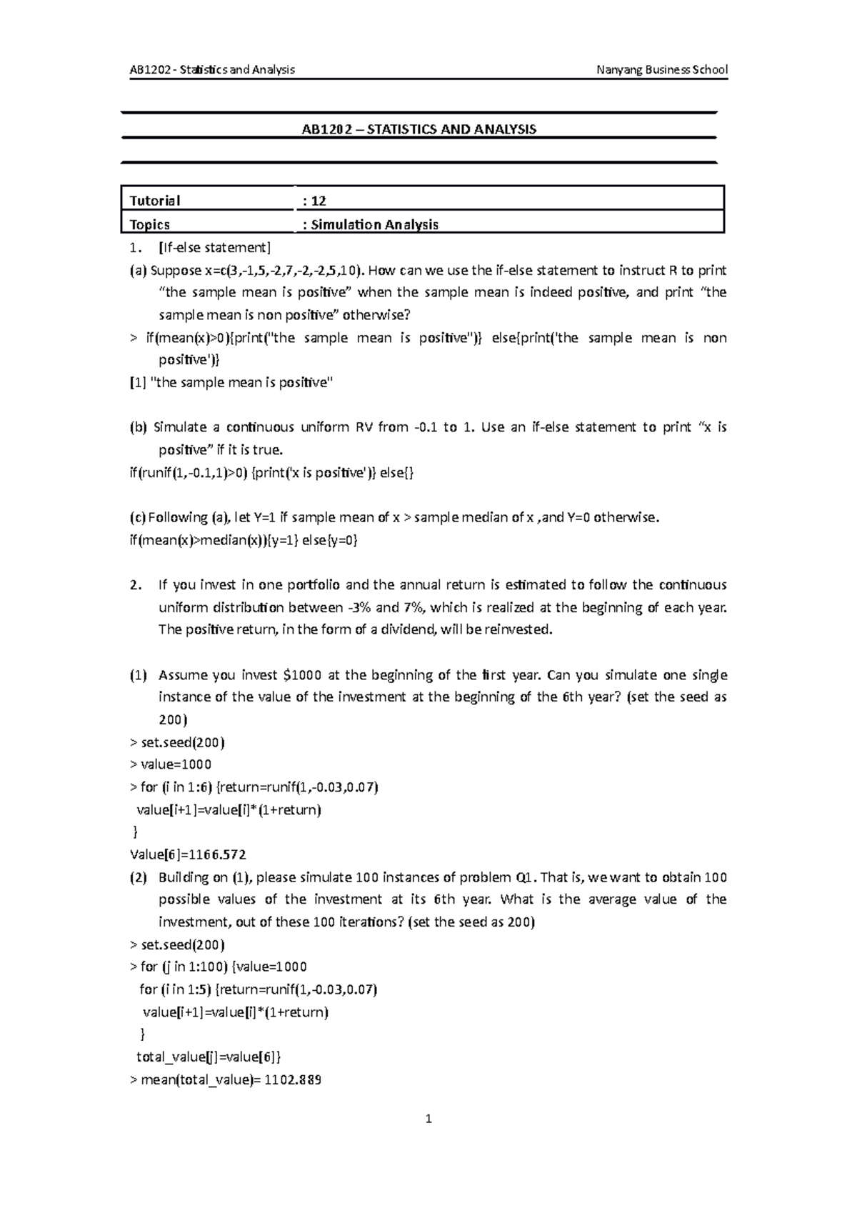 Ab1202 Tutorial qns week 12 - AB1202 – STATISTICS AND ANALYSIS Tutorial ...