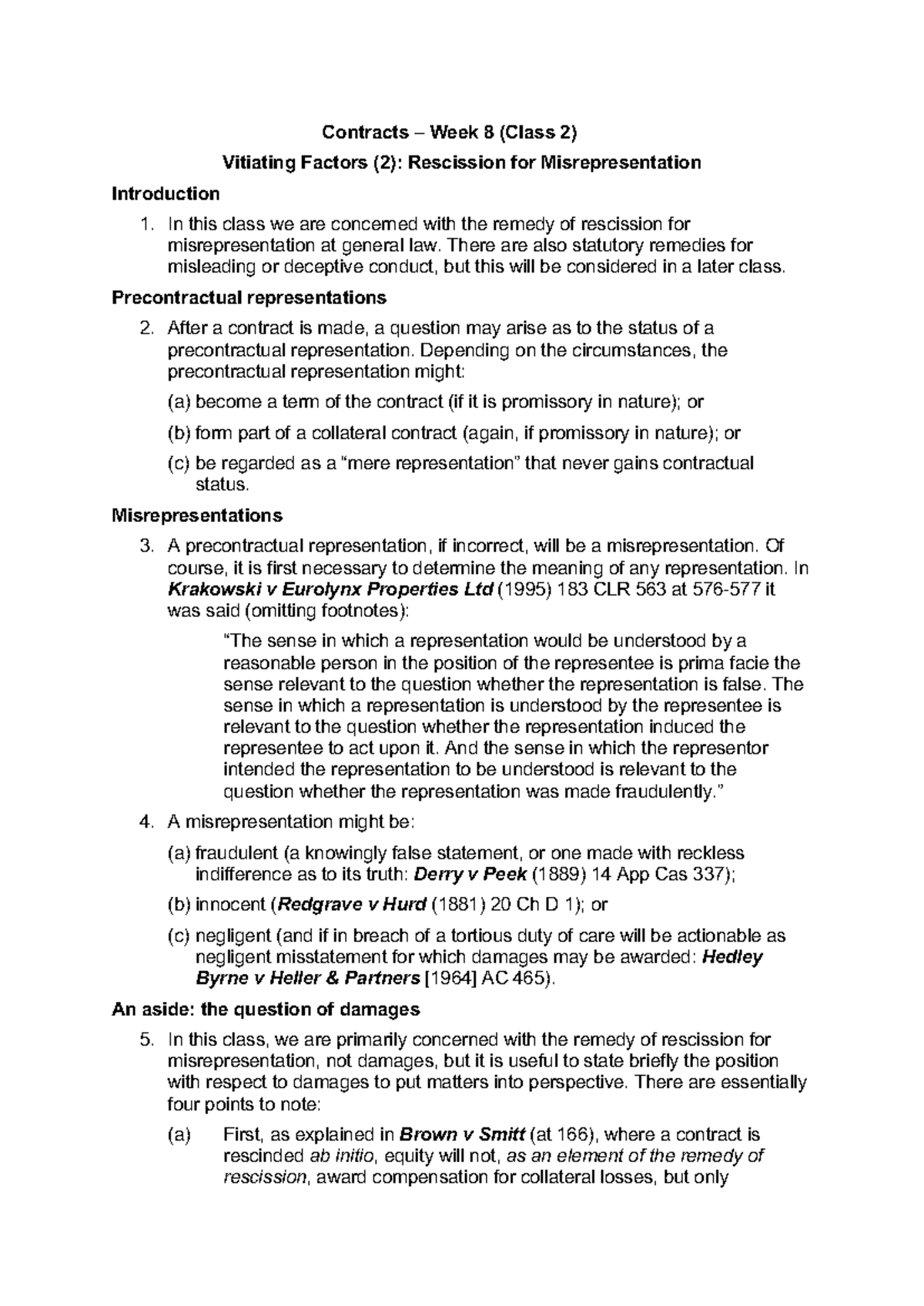 Contracts Outline - Week 8 Class 2 (T1 2024) - Contracts – Week 8 (Class 2 ) Vitiating Factors ...