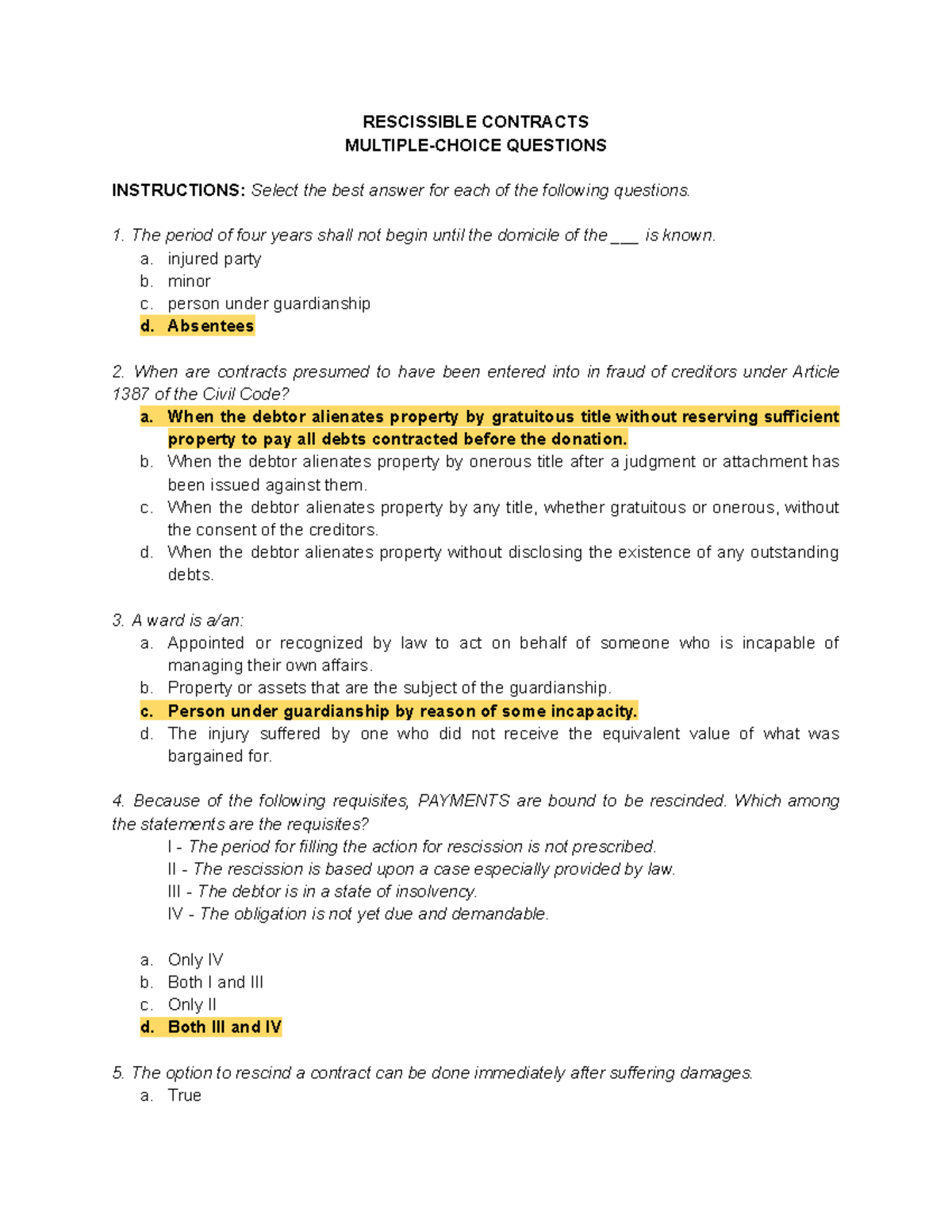 Oblicon (Practice Questions) - RESCISSIBLE CONTRACTS MULTIPLE-CHOICE QUESTIONS INSTRUCTIONS ...