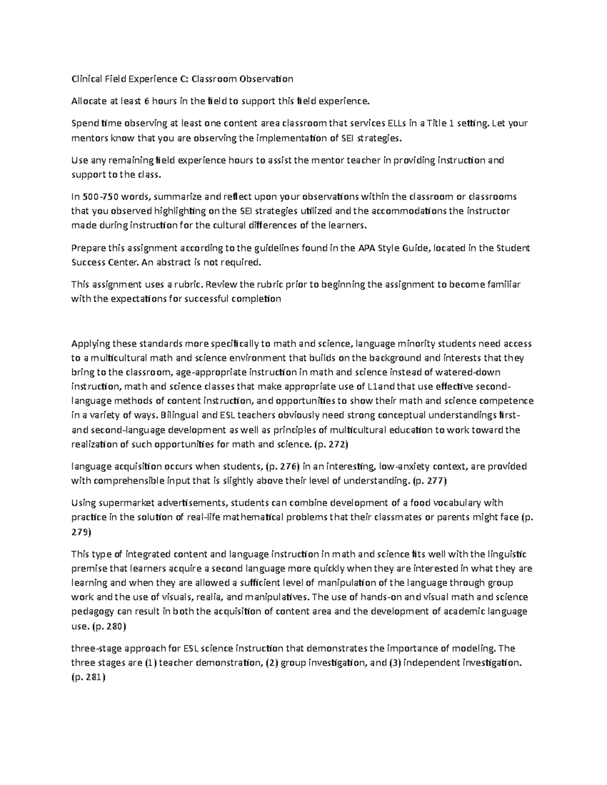 Clinical Field Experience C - Spend time observing at least one content ...